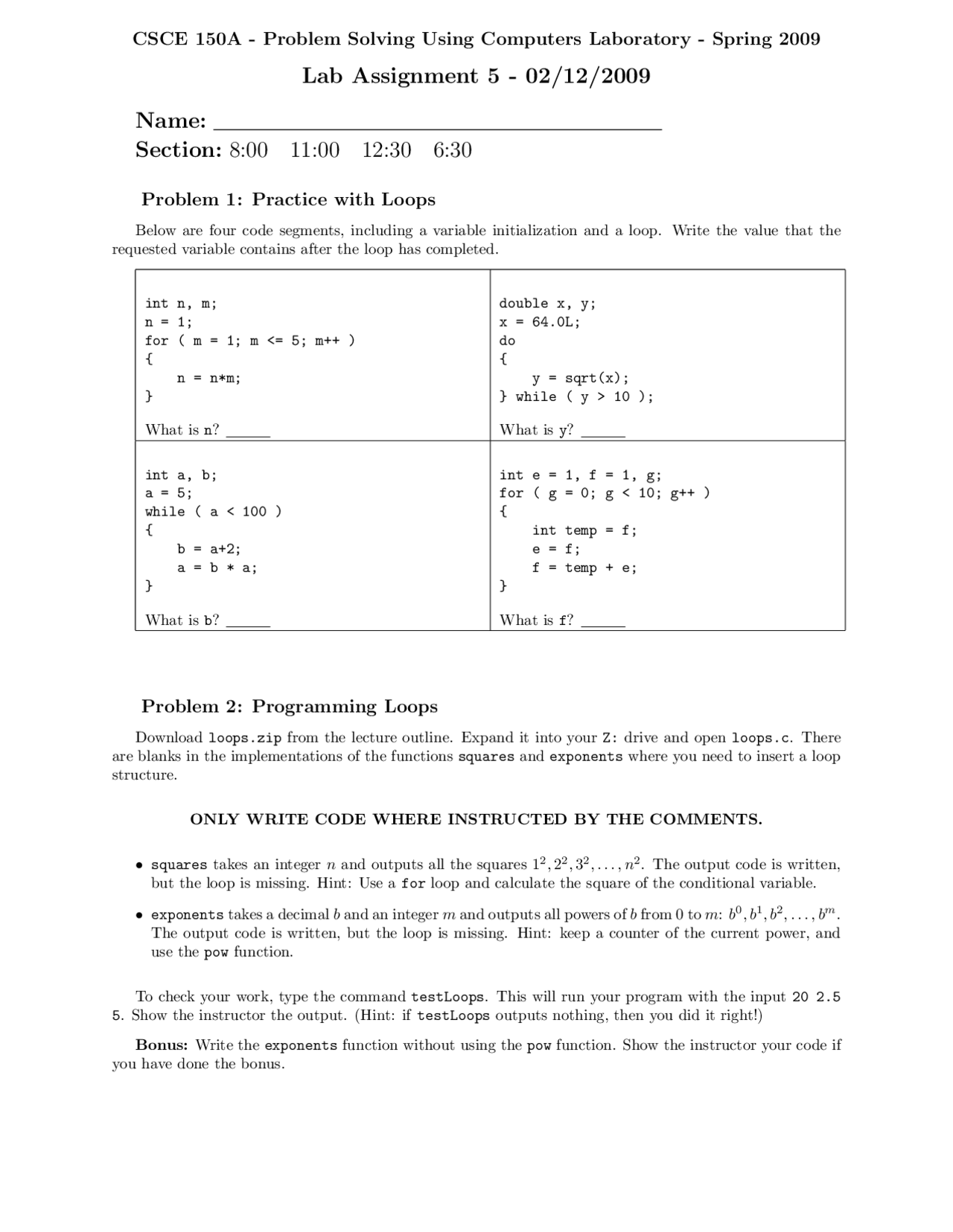 Problem Solving Using Computer Lab Assignment 5 Csce 150a Docsity 4034