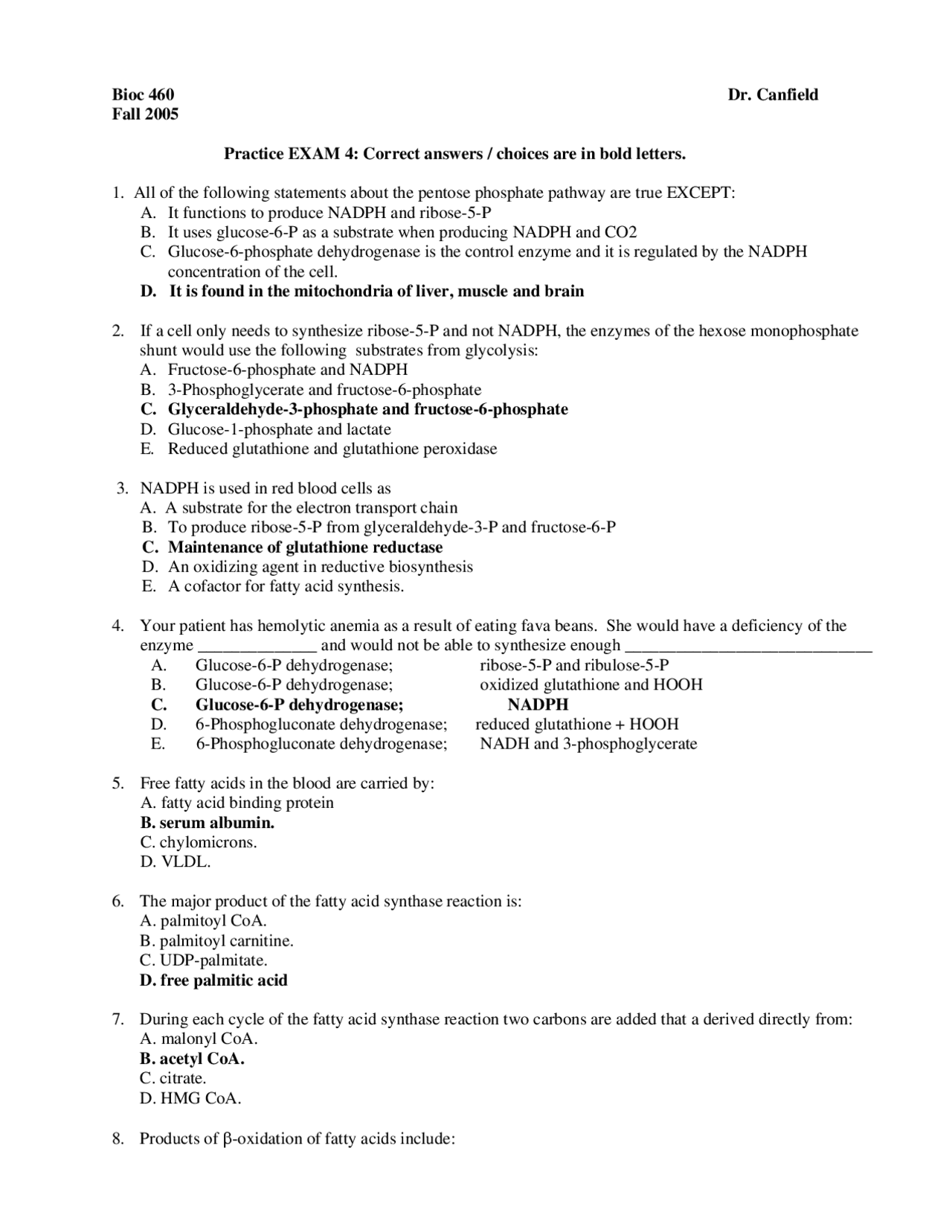 Practice Exam 4 - General Protein and General Metabolic Biochemistry | BIOC 460 - Docsity
