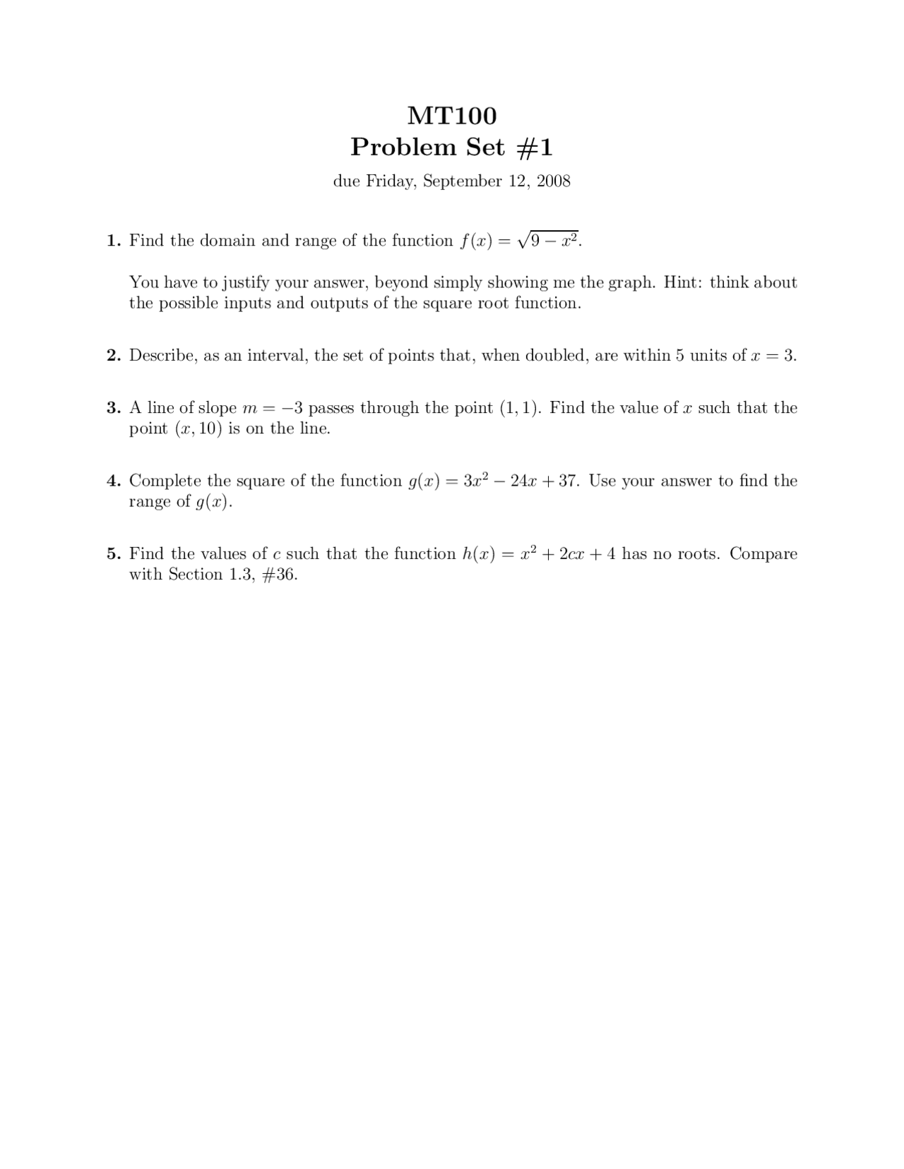 Problems On Calculus I Problem Set One Mt 100 Docsity