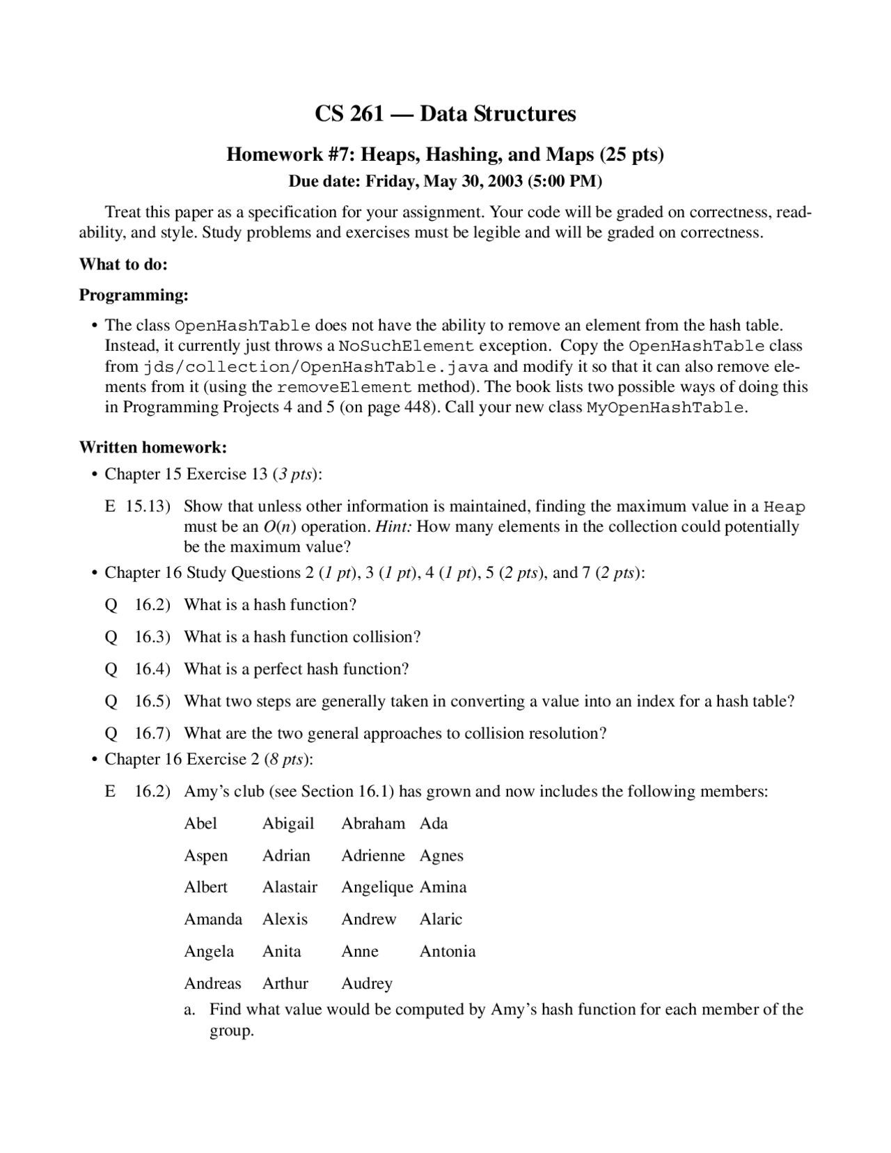 Heaps, Hashing and Maps - Homework #7 - Data Structures | CS 261 - Docsity