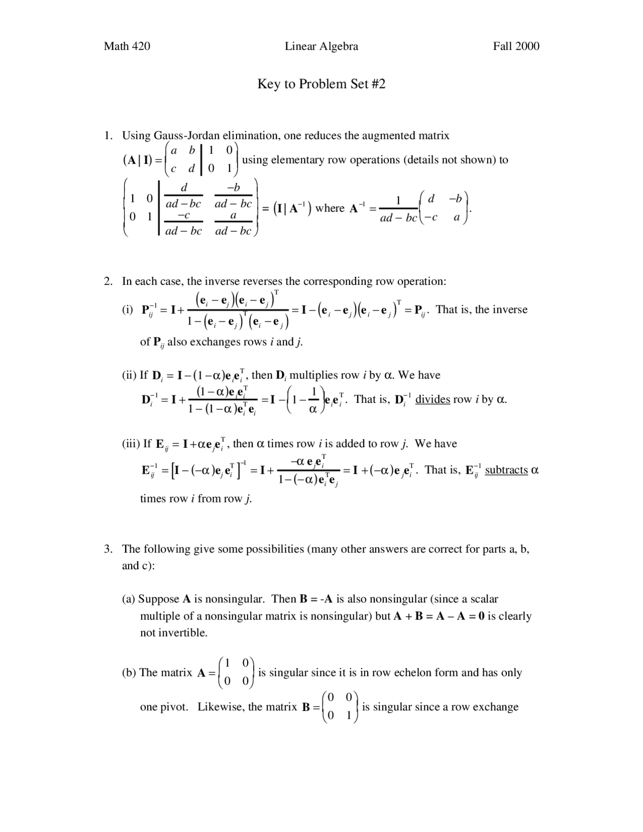 4 Solved Questions On Linear Algebra Assignment 2 Math 420 Docsity