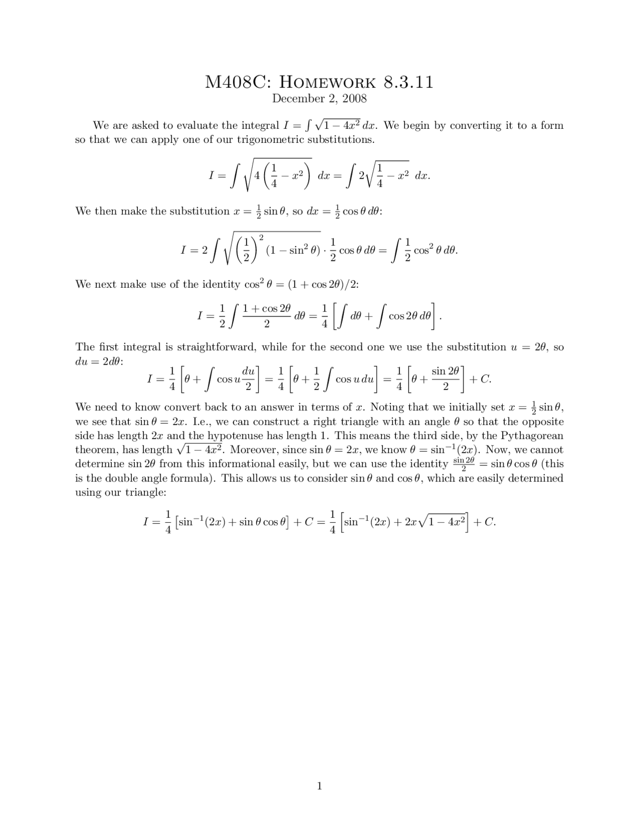 Homework Solution: Evaluating the Integral I using Trigonometric Substitutions | Assignments ...