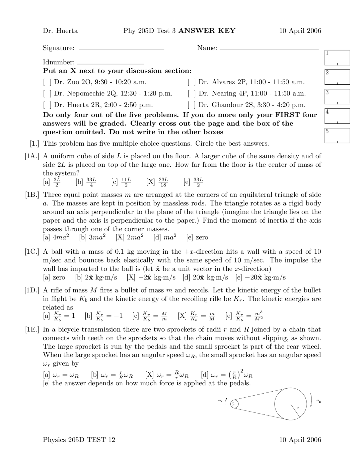 Test 3 With Answer Key Discussion Section Phy 205 Docsity