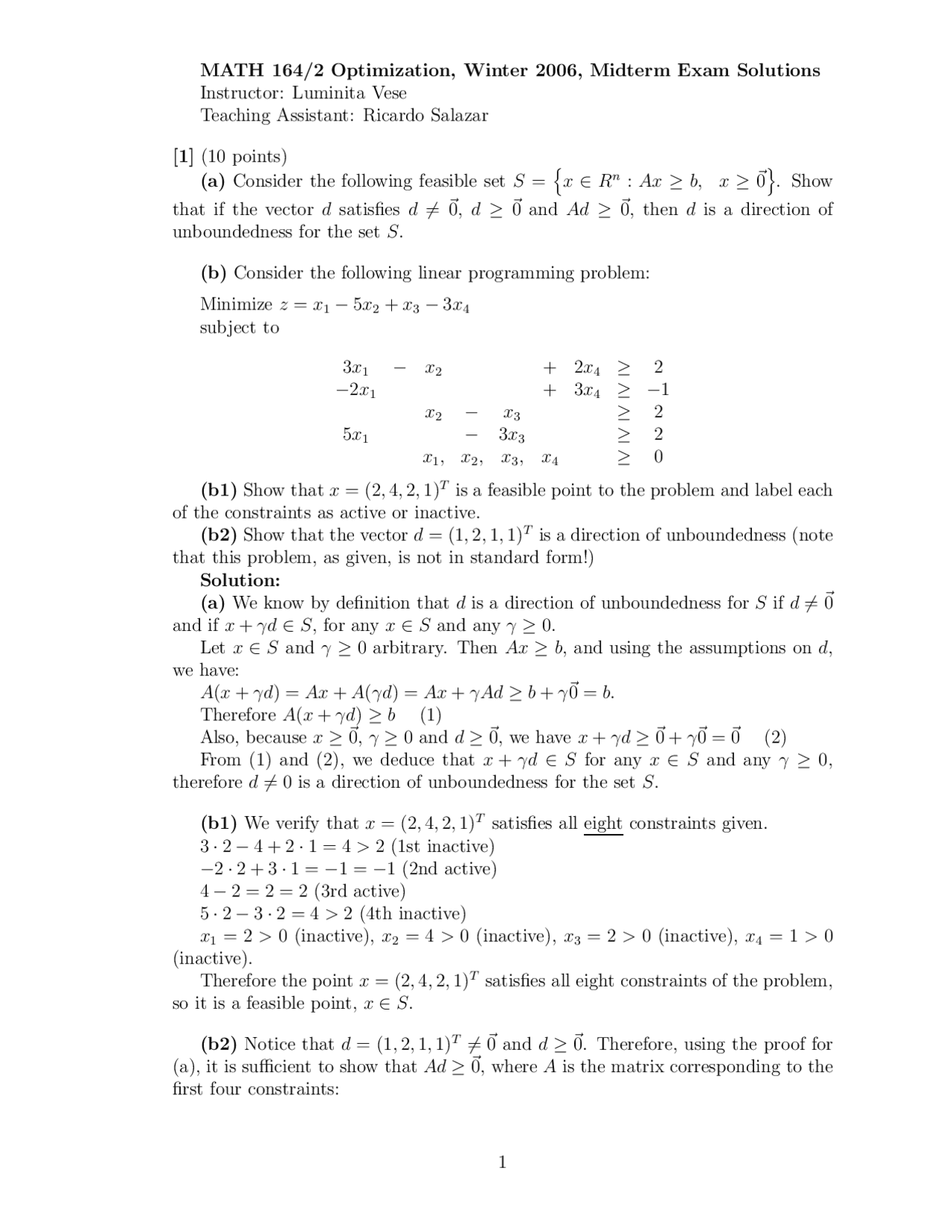 Midterm Exam Solutions Optimization Math 0164 Exams Optimization