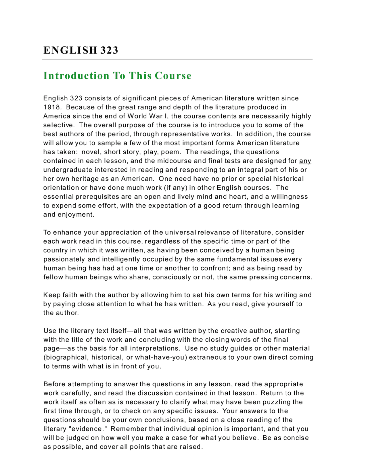 Introduction to the American Literature 1918 to Present | ENG 323 - Docsity