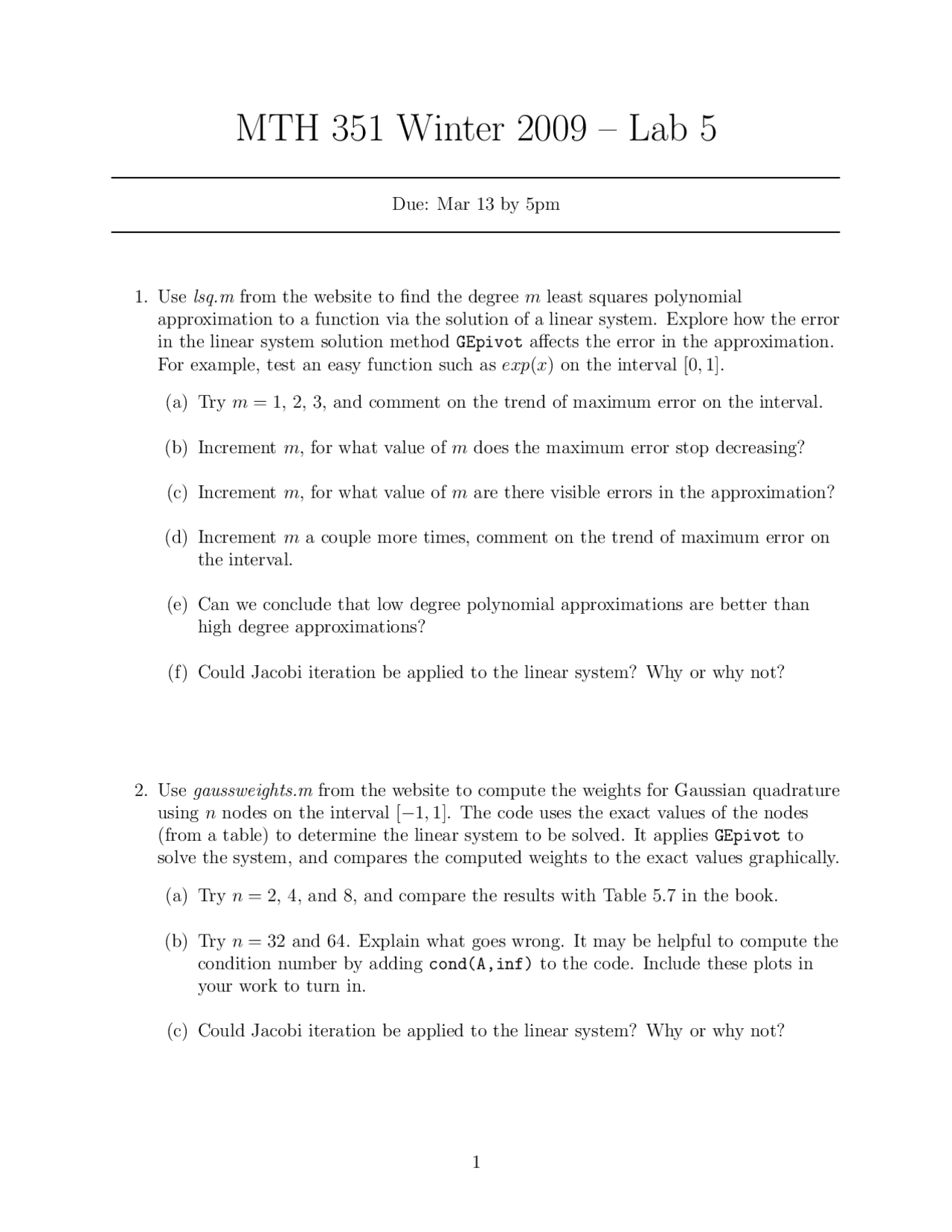 Practice Problems For Lab 5 Introduction To Numerical Analysis Mth