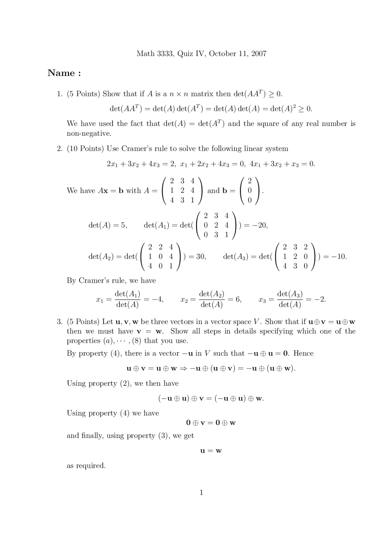 Linear Algebra I - Practice Quiz 4 with Solution | MATH 3333 | Quizzes Linear Algebra | Docsity