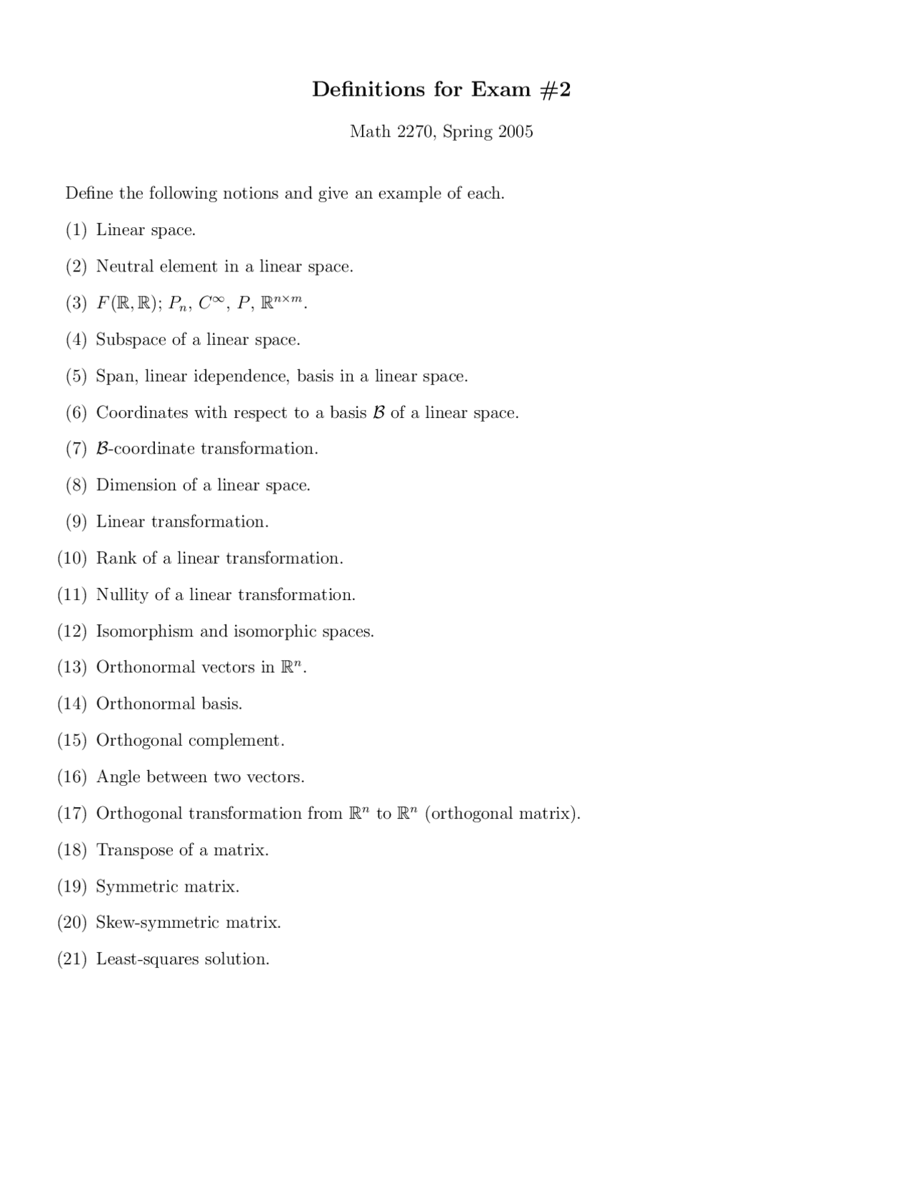Definitions For Exam 2 Linear Algebra Math 2270 Docsity