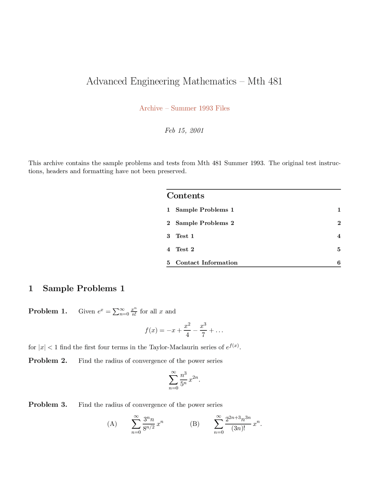 Exam 1 Problems - Mathematical Methods for Engineers and Scientists | MTH 481 | Exams ...