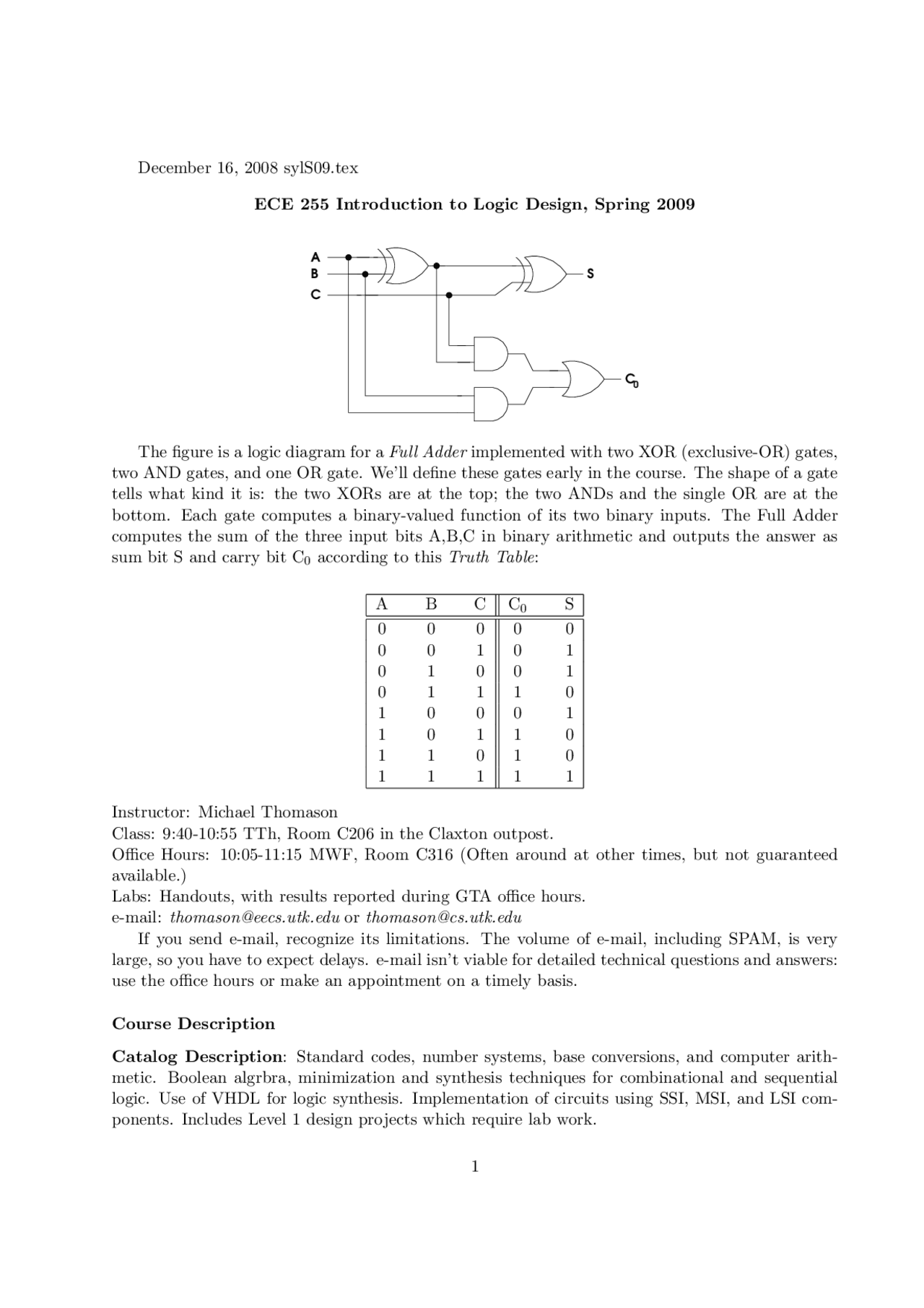 Introduction to Logic Design | Spring 2009 | ECE 255 - Docsity