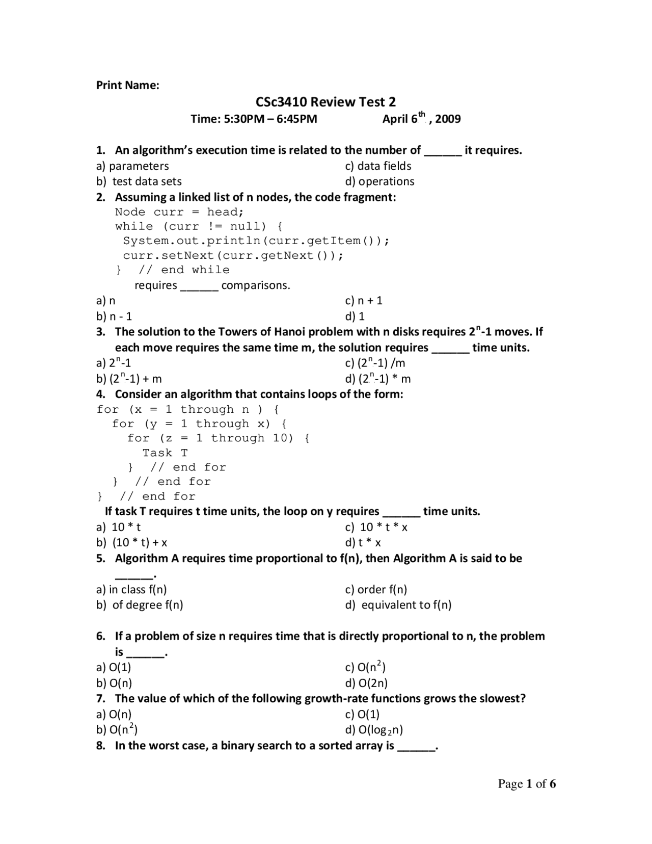 30 MCQs with Answers Keys - Data Structures CTW | CSC 3410 - Docsity