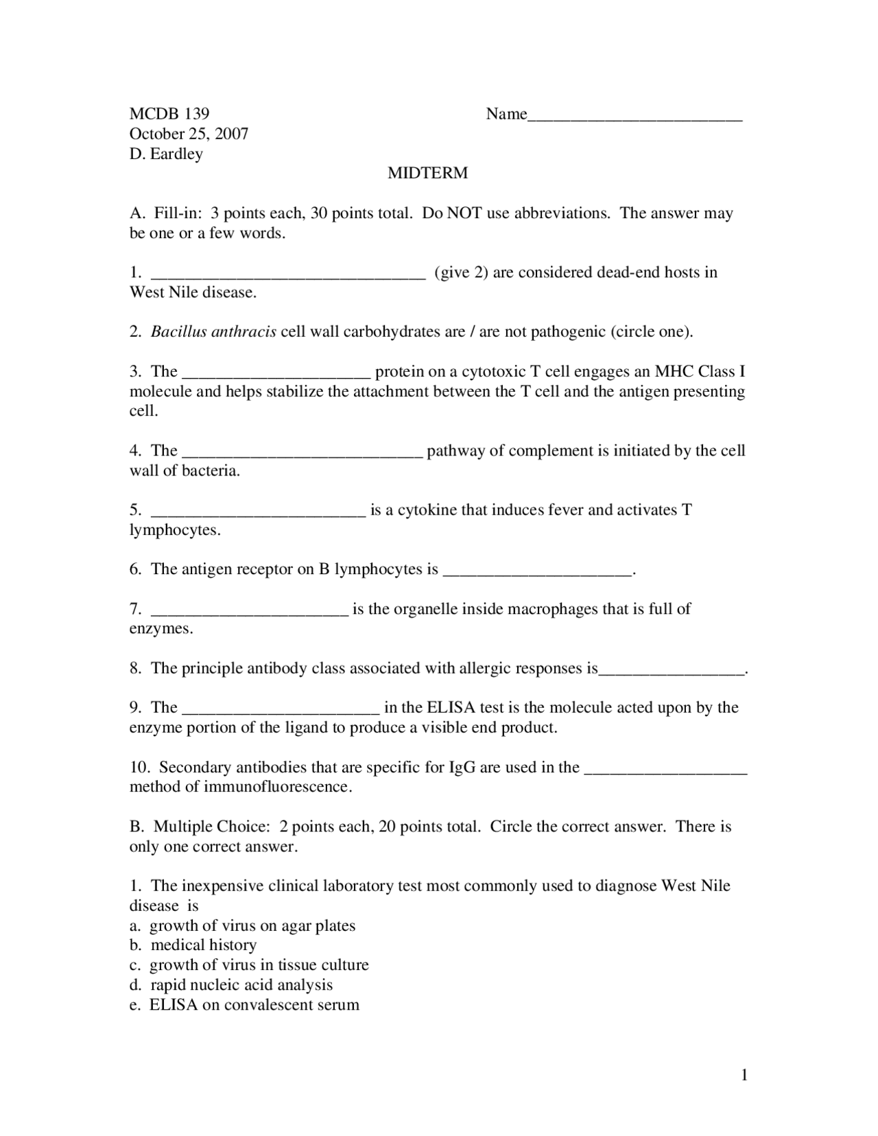 Midterm Exam Questions Medical Microbiology Mcdb 139 Docsity