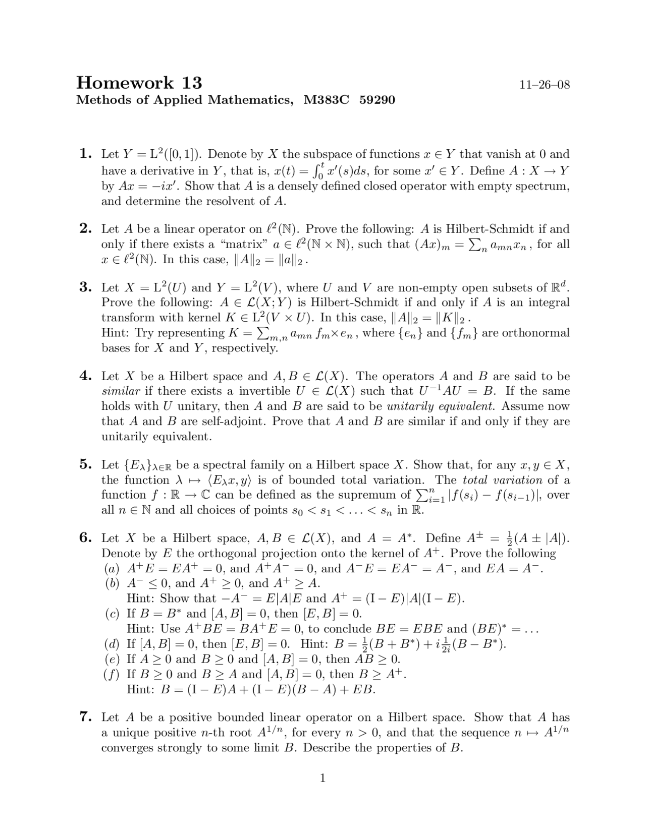Methods Of Applied Mathematics I Homework 13 M 383c Docsity