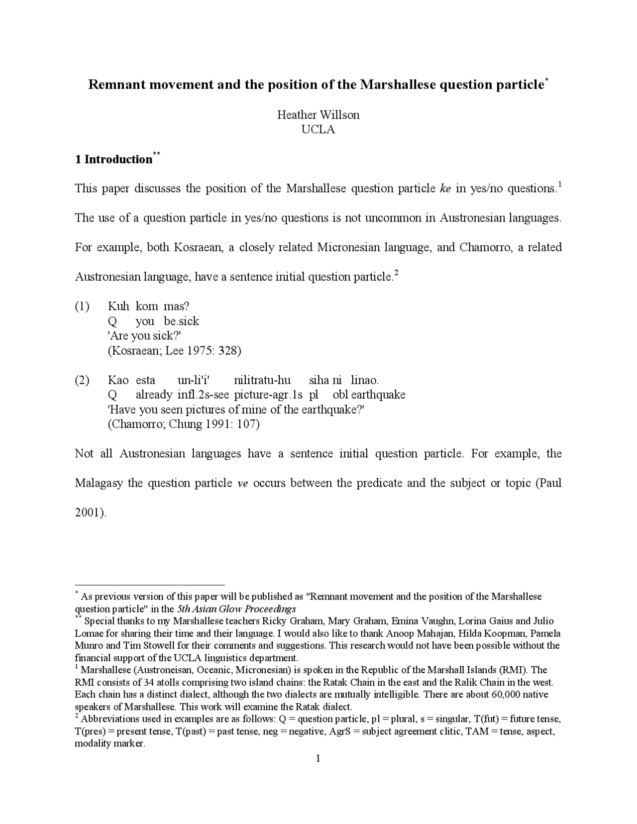 Remnant Movement and the Position of the Marshallese Question Particle ...