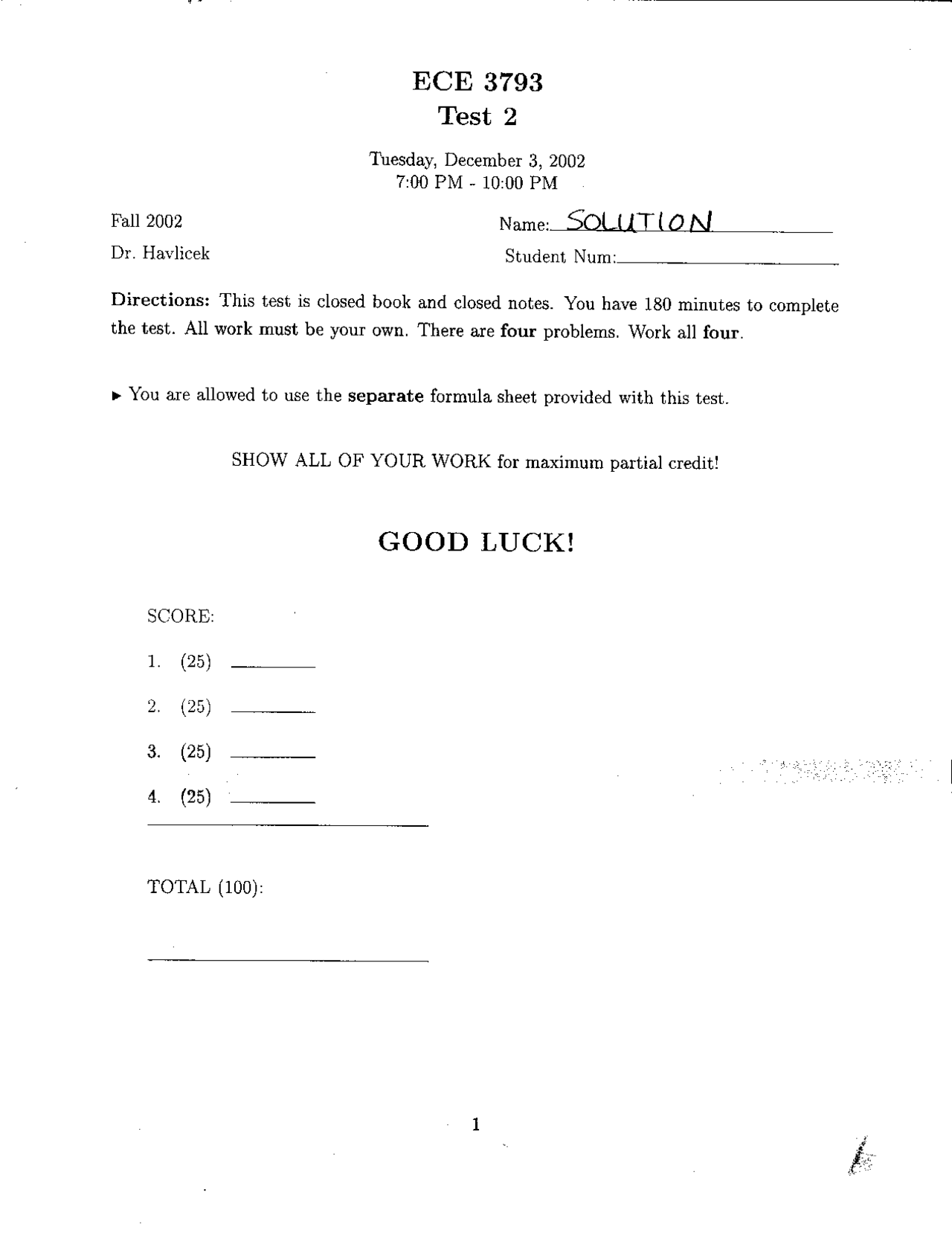 Test 2 Questions With Solutions Signals And Systems Ece 3793 Docsity