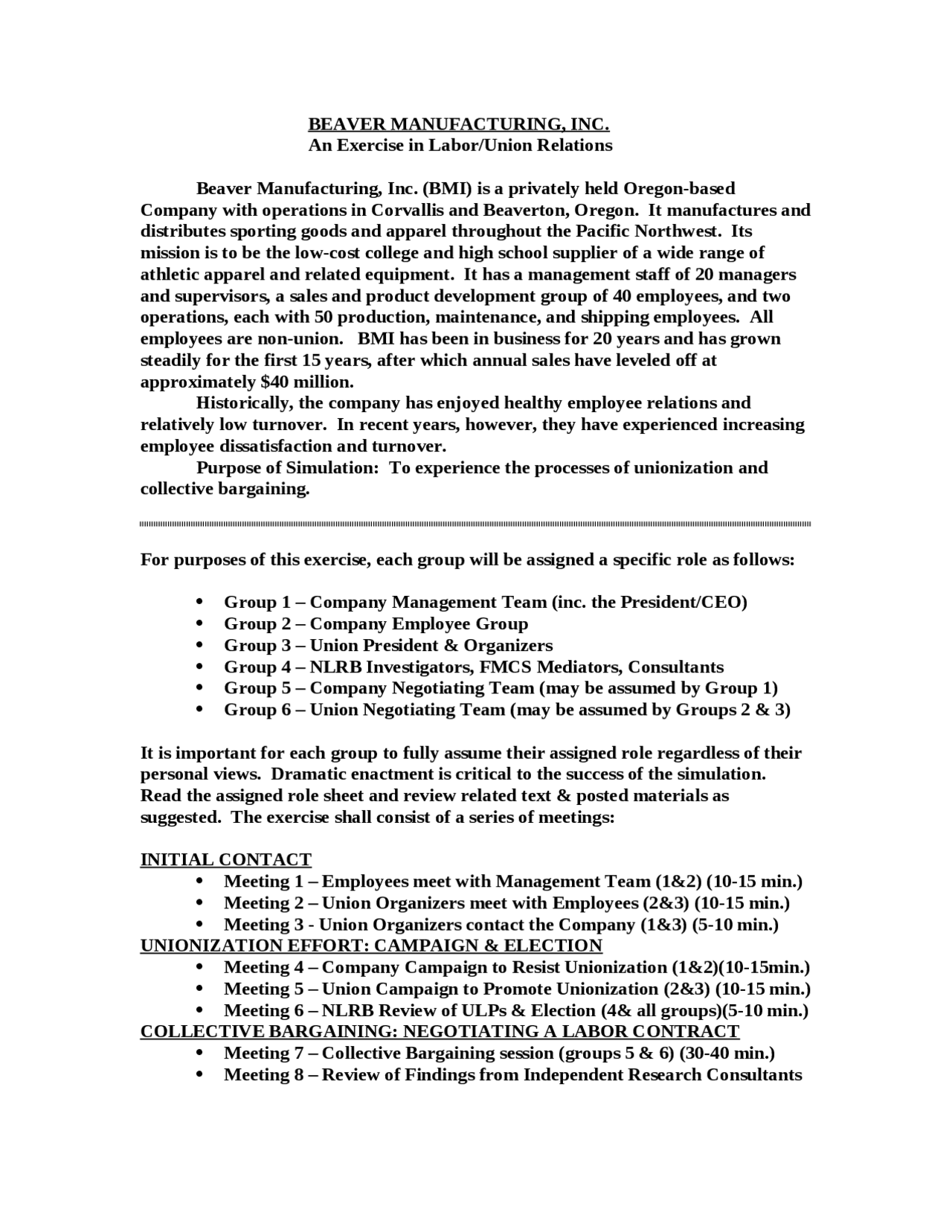 Unionization and Collective Bargaining Exercise at Beaver Manufacturing ...