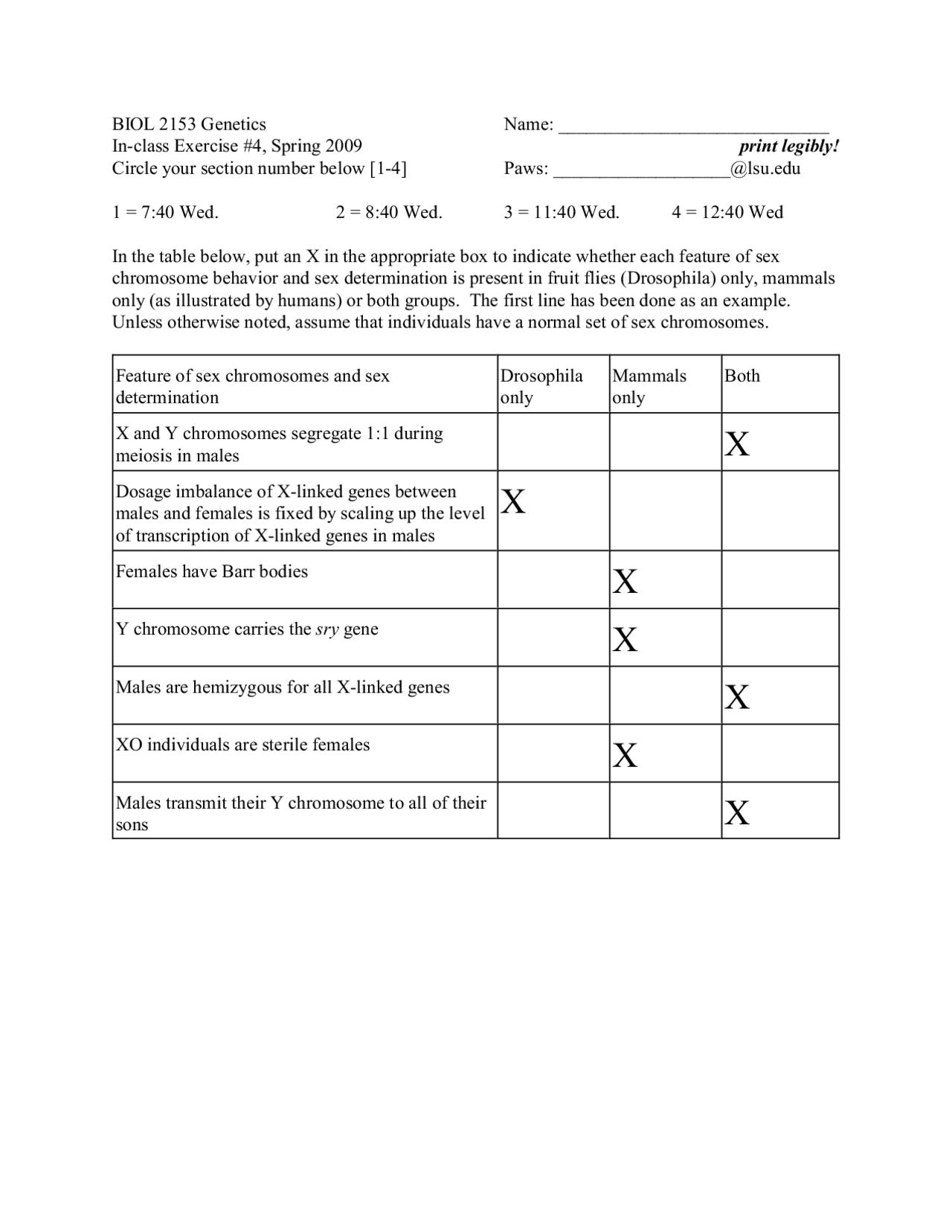 Sex Determination in Animals - Class Activity | BIOL 2153 - Docsity