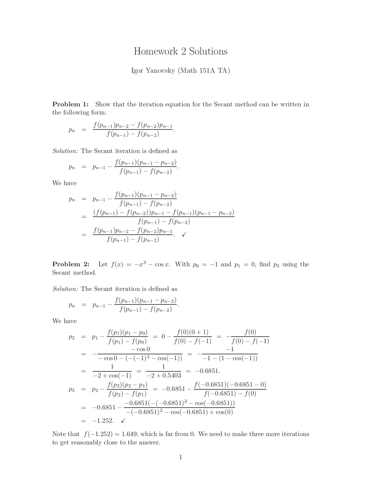 Homework 2 Solutions Applied Numerical Methods Math 151a Docsity