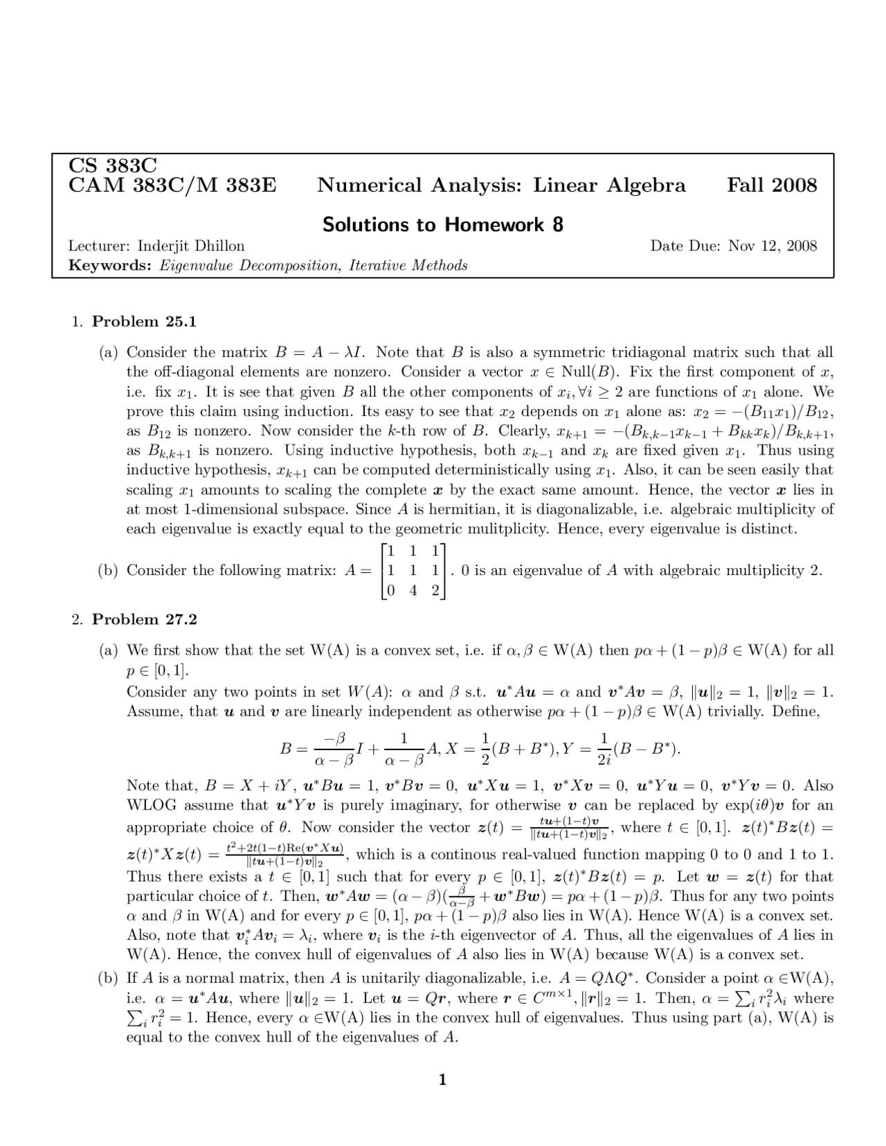 5 Solved Problems On The Linear Algebra Homework 8 Cam 383c Docsity