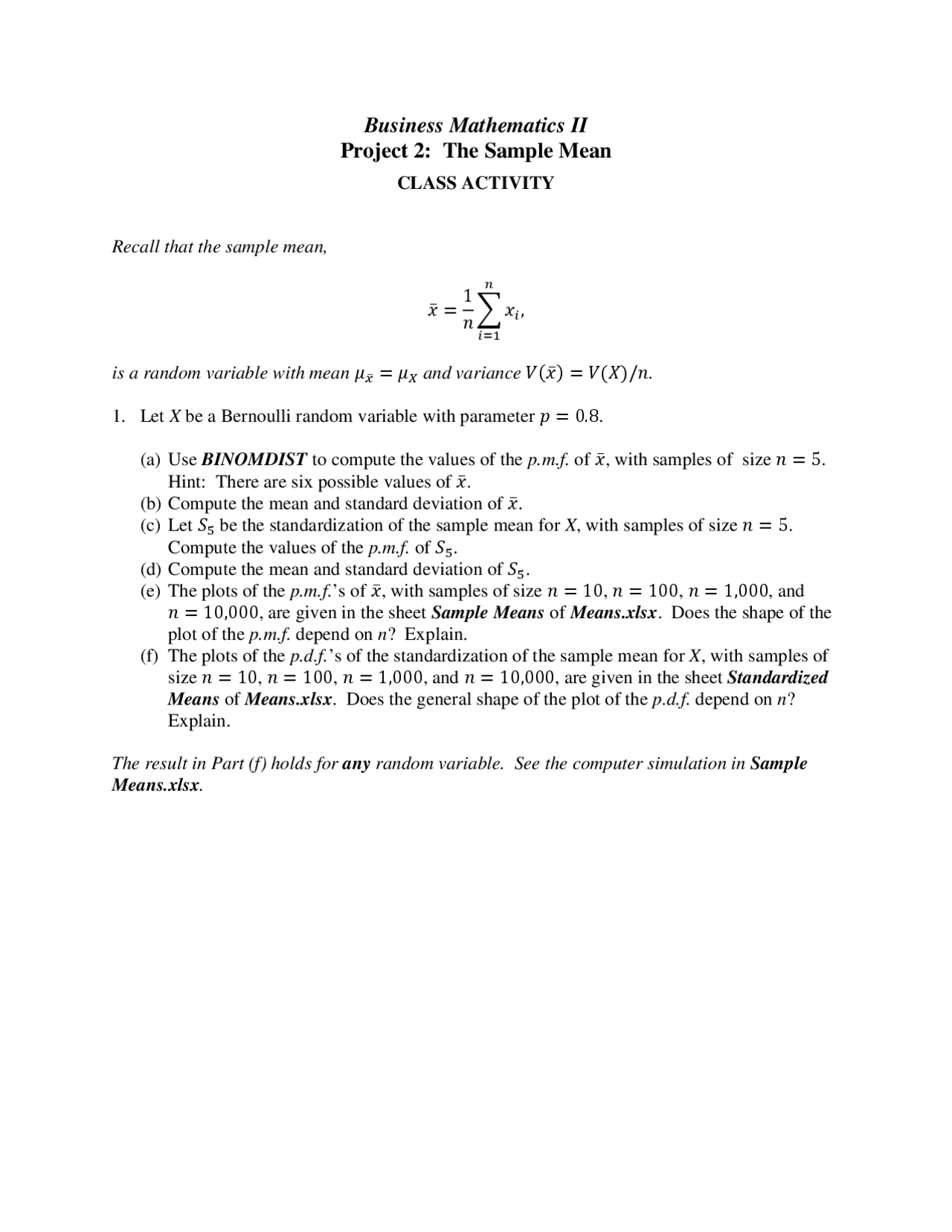 The Sample Mean Business Mathematics Ii Project Math 115b Docsity