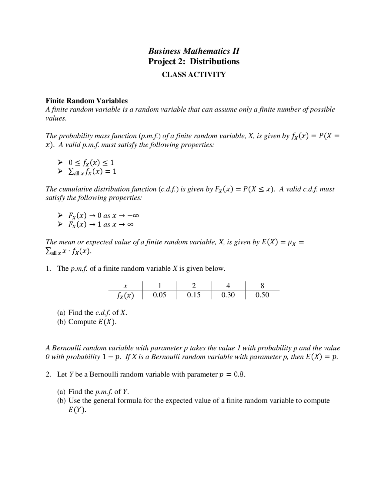 Distributions Business Mathematics Ii Project Two Math 115b Docsity