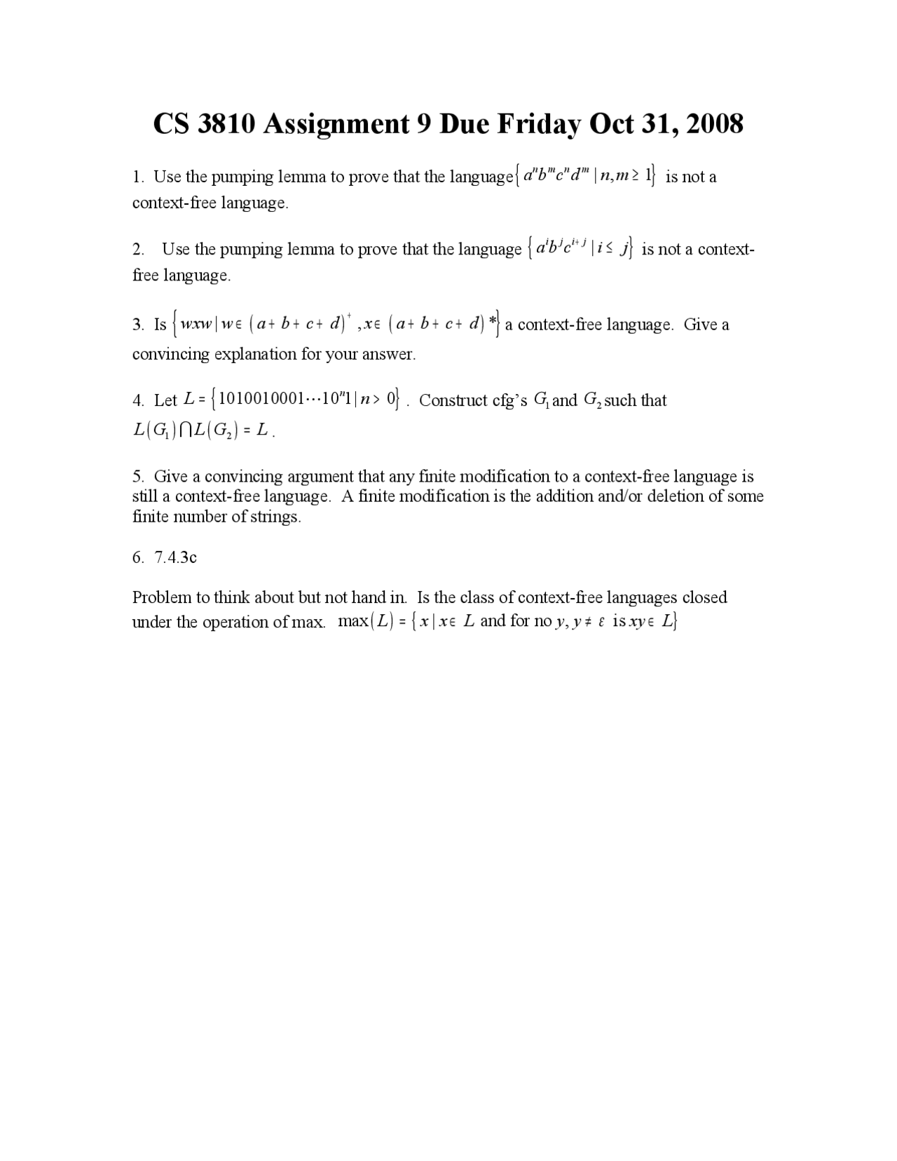 Assignment 9 - 6 Problems on Introduction to Theory of Computing | CS 3810 - Docsity