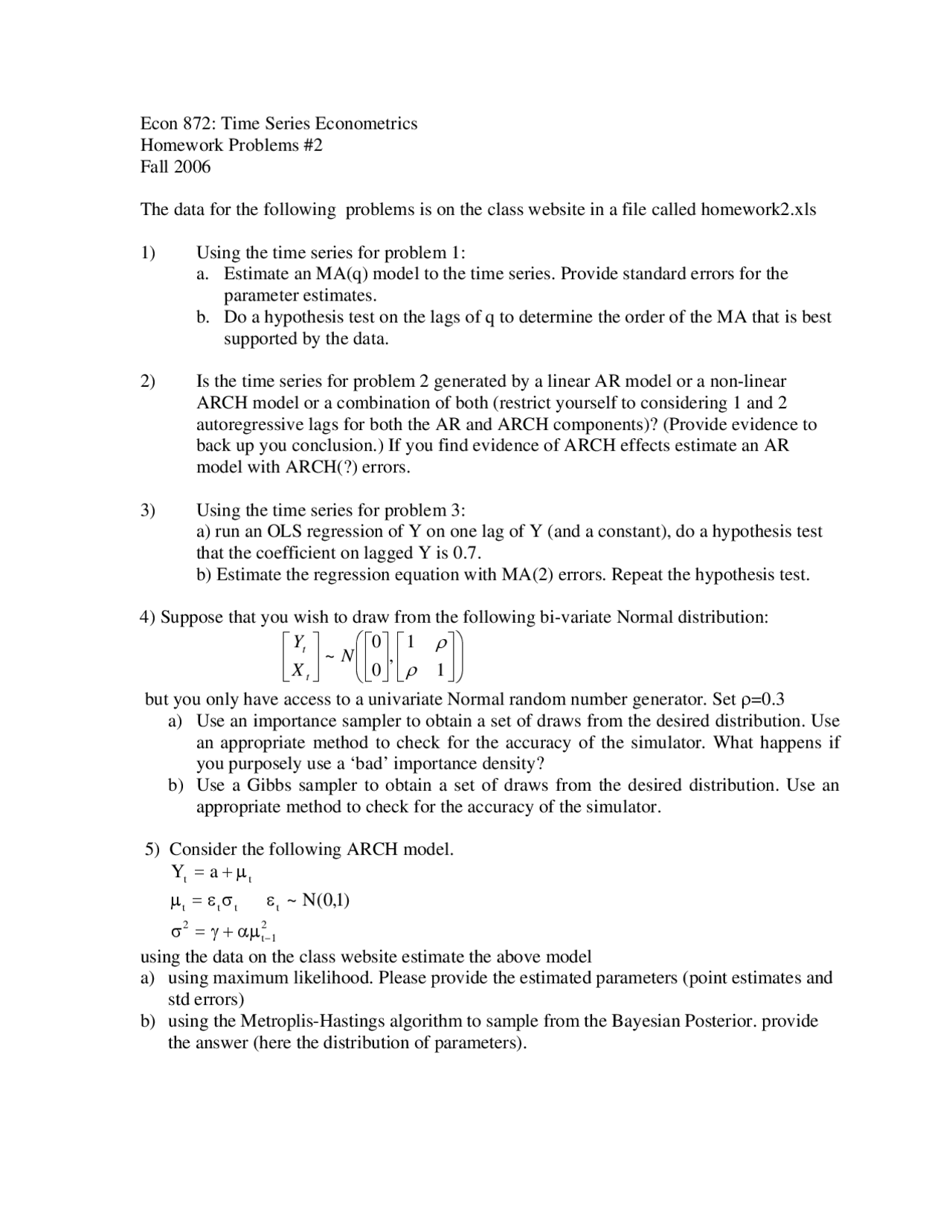 Homework 2 Questions Time Series Econometrics Econ 8720 Docsity