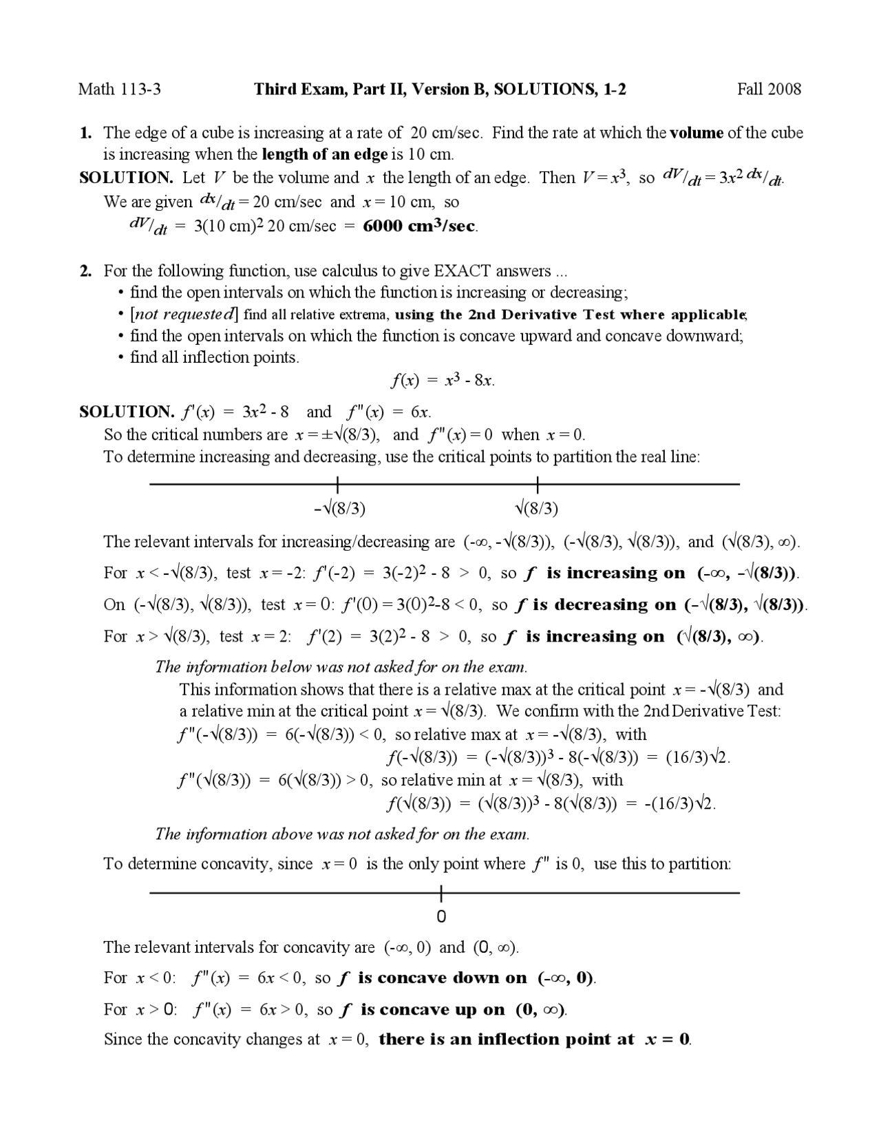 Exam 3 Solutions - Elements of Calculus | MATH 113 - Docsity