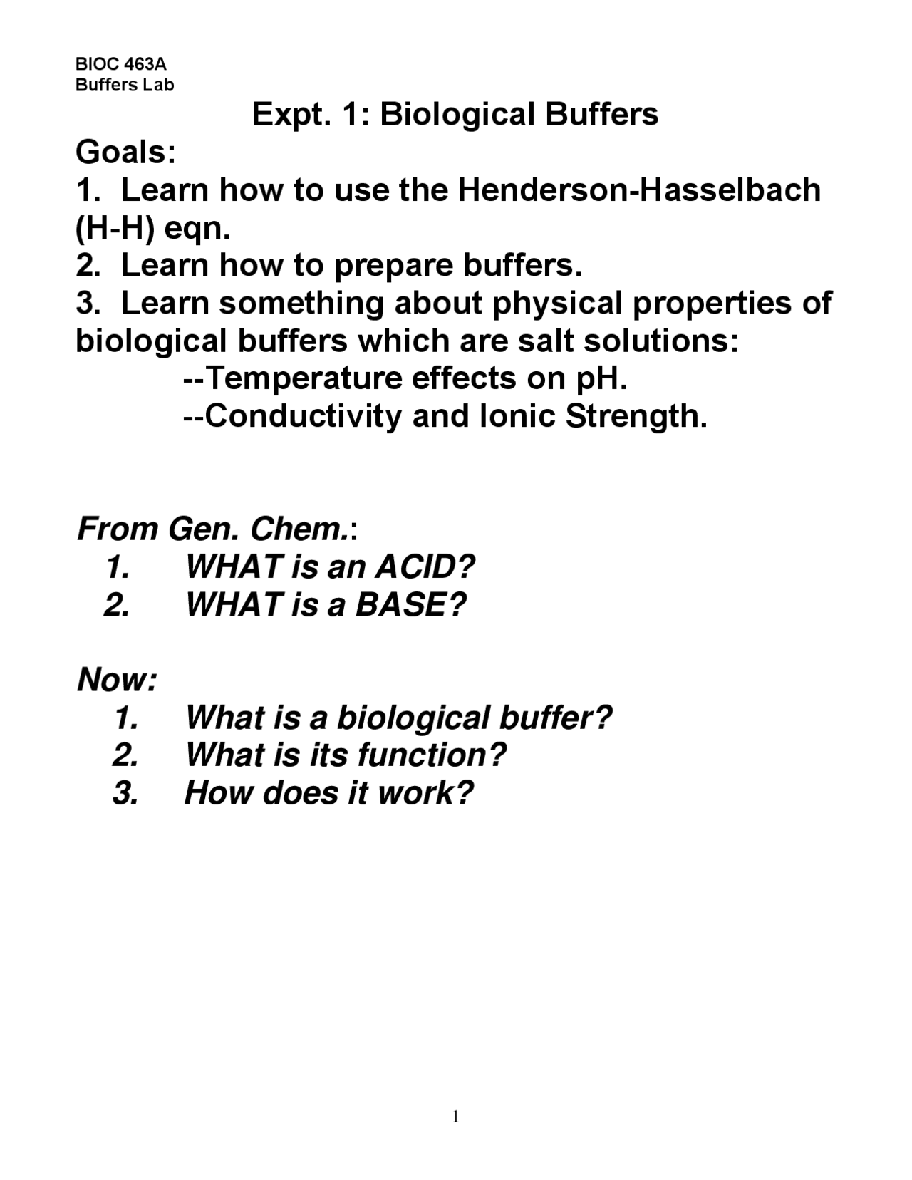 Biological Buffers Biochemical Laboratory Techniques Bioc 463a