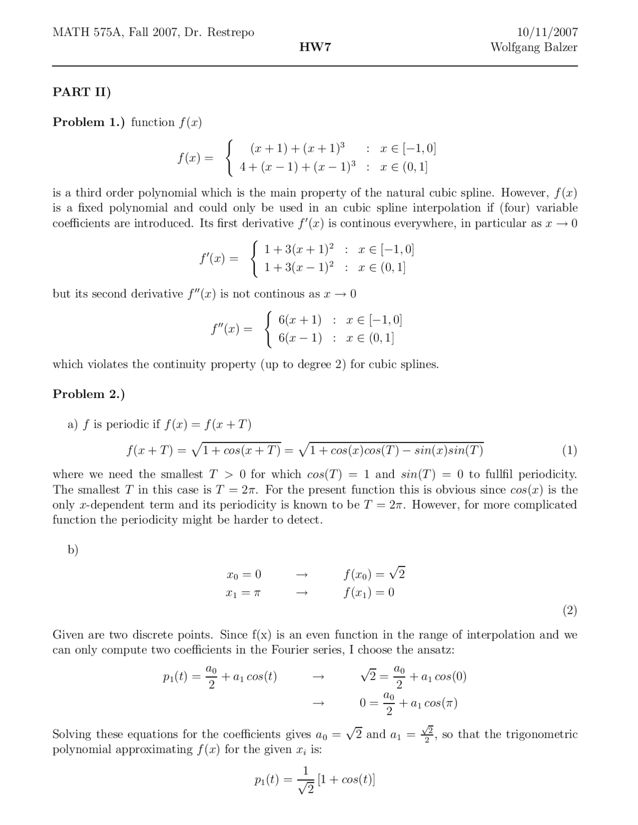 Homework 7 Practice Questions Numerical Analysis Fall 2007 Math