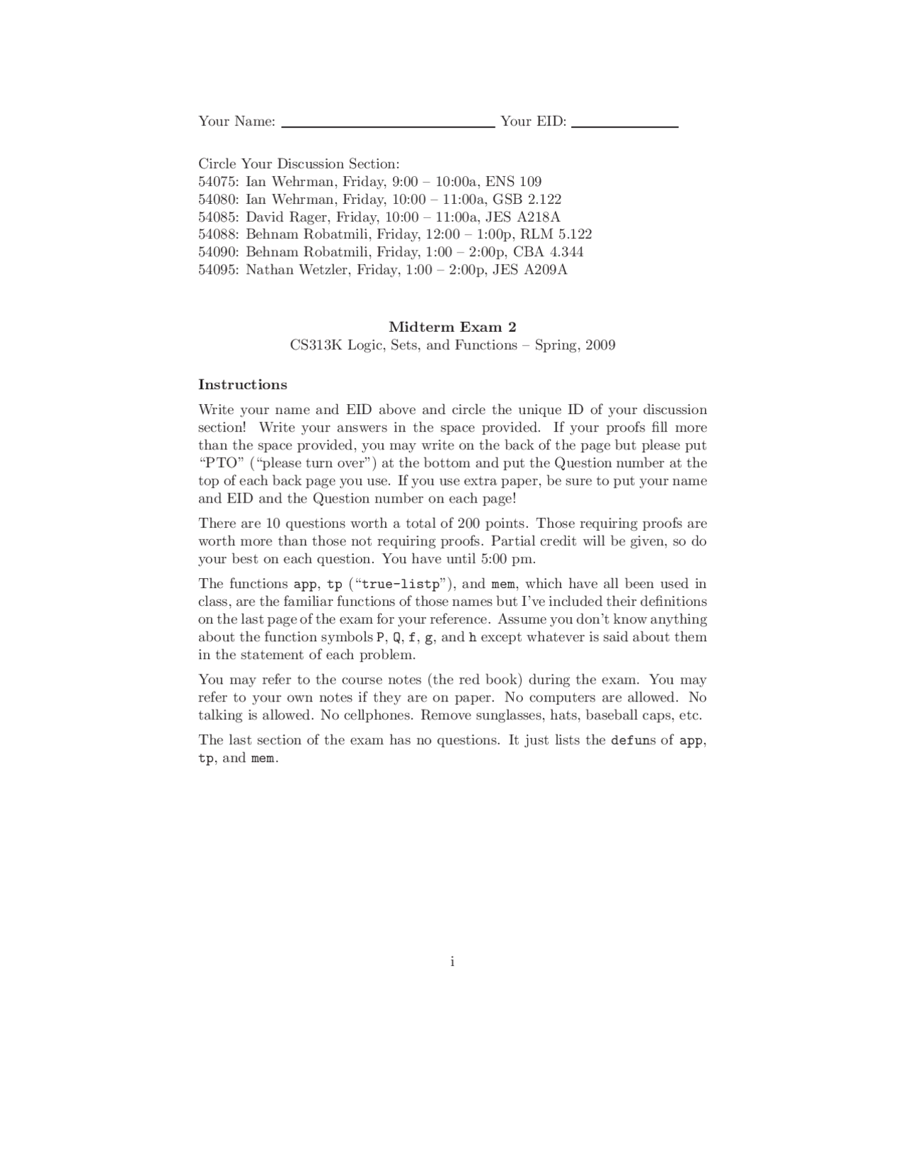 Midterm Exam 2 Logic Sets And Functions C S 313k Docsity
