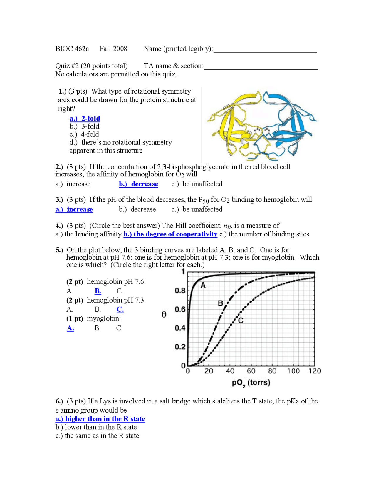 6 Questions On Biochemistry With Solution Quiz 2 Bioc 462a Docsity
