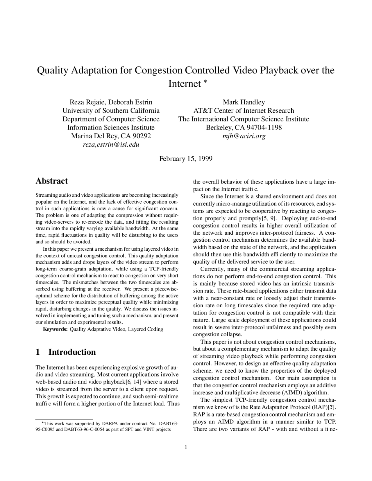 Quality Adaptation Congestion Controlled Video Playback Over Internet | ECE 599 | Papers ...