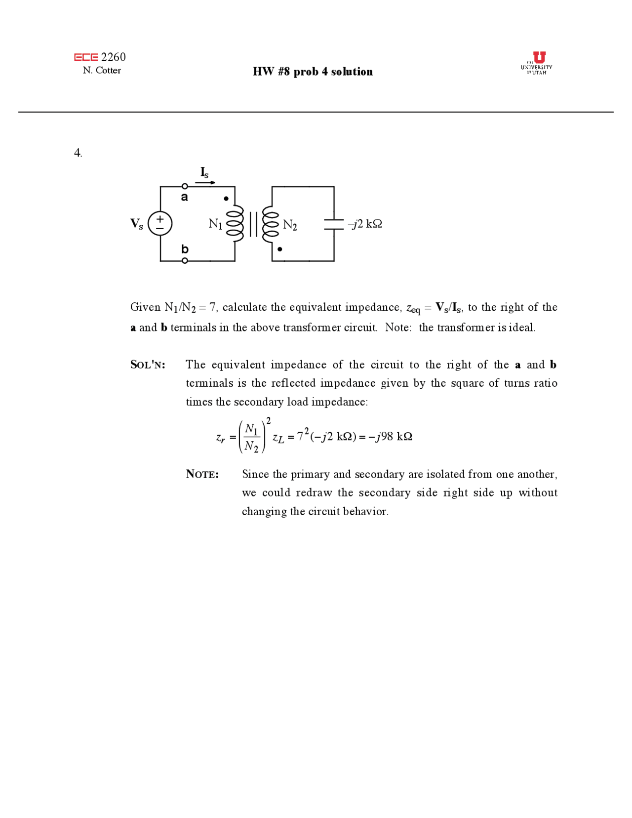 Solution to Transformer Circuit Problem: Calculating Equivalent Impedance - Prof. N. E. Co ...