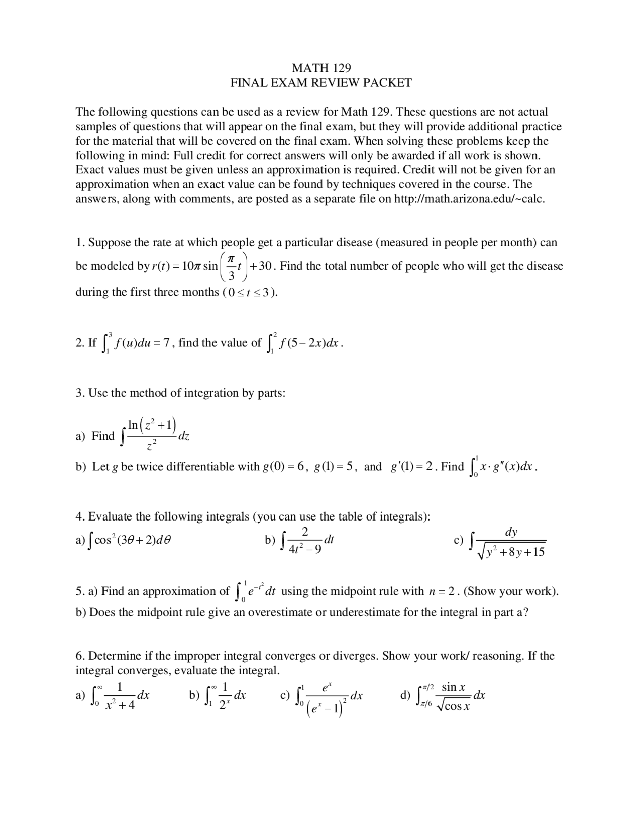 Final Exam Review | Calculus II | MATH 129 - Docsity