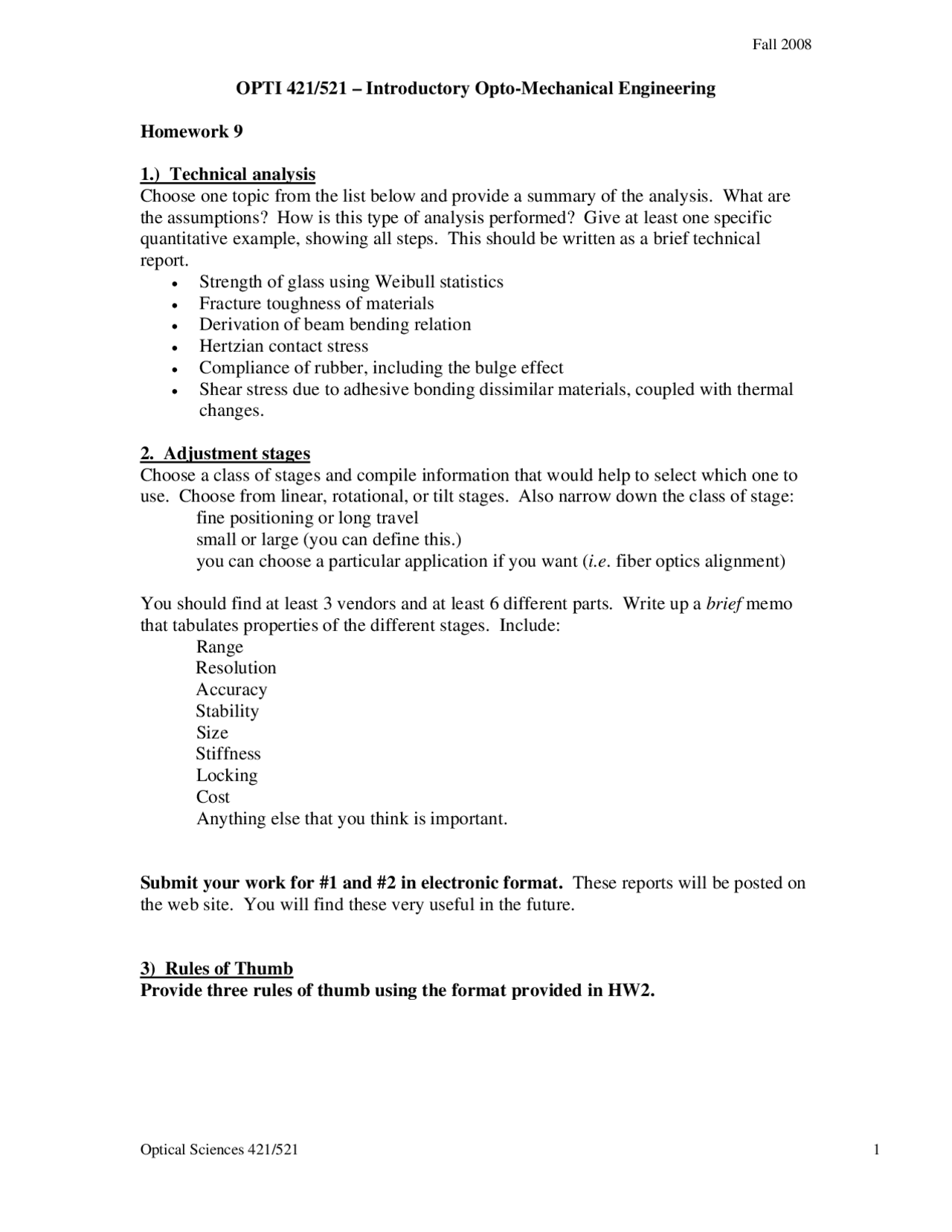 Homework 9 - Introductory Optomechanical Engineering | OPTI 421 - Docsity