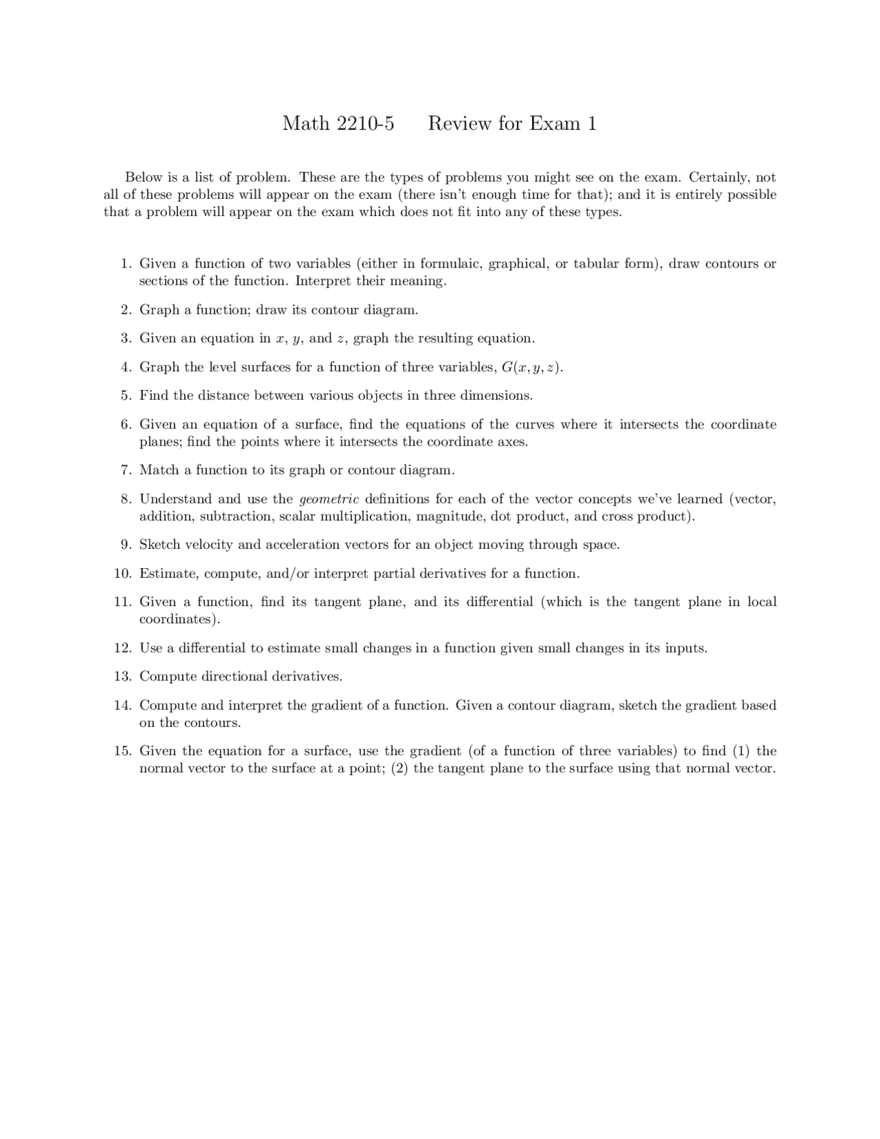 Review Sheet For Exam 1 Calculus Iii Math 2210 Docsity