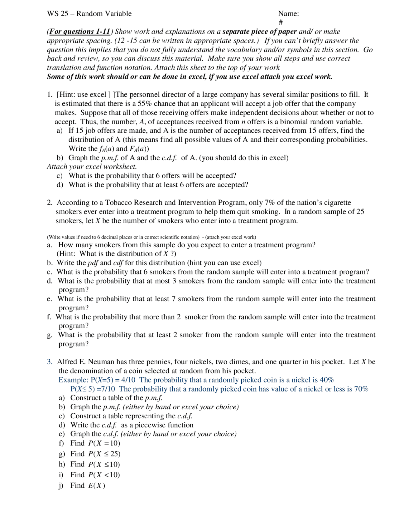 Worksheet 25 Random Variable Math 115a Docsity