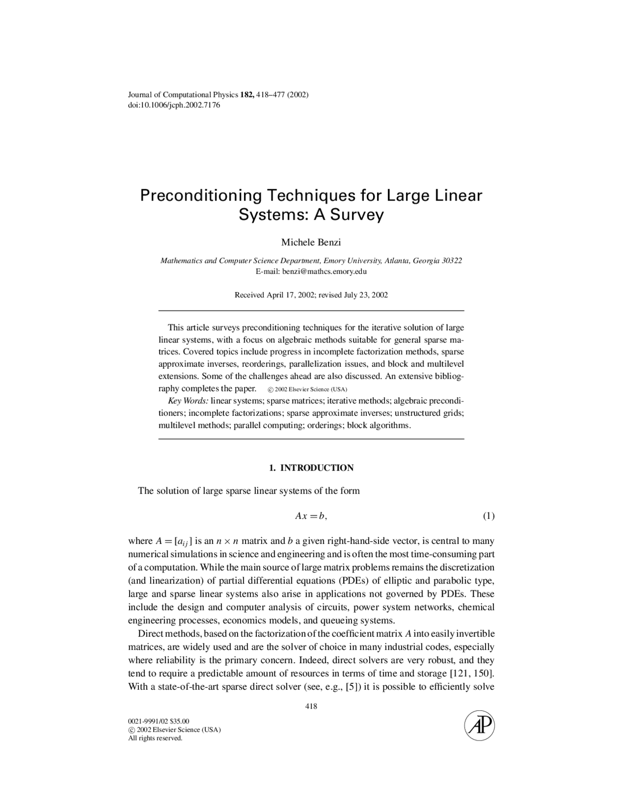 Preconditioning Techniques for Large Linear Systems: A Survey | SHS 182 - Docsity