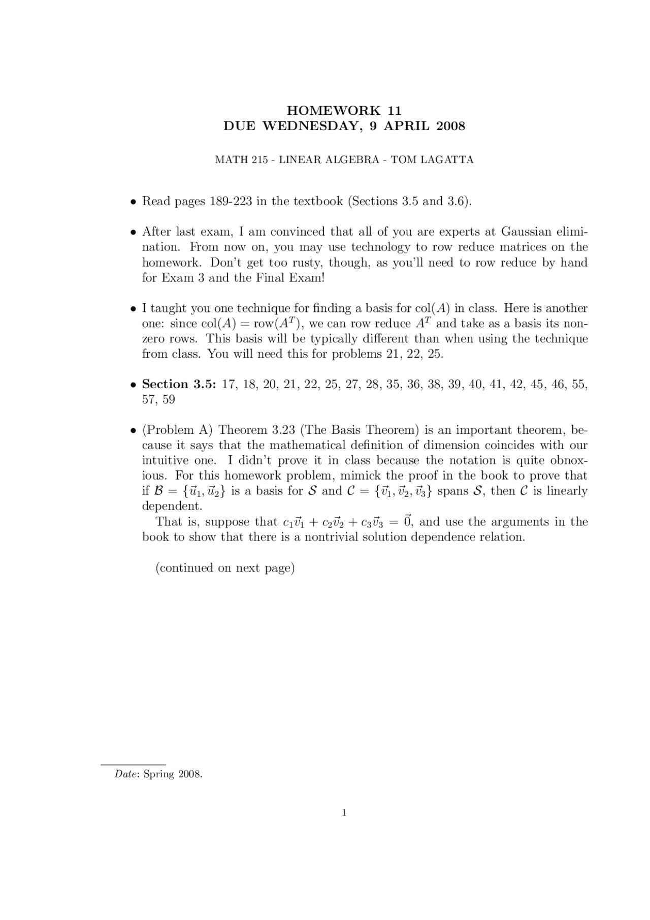 Introduction To Linear Algebra Fall 2008 Assignment 11 Math 215