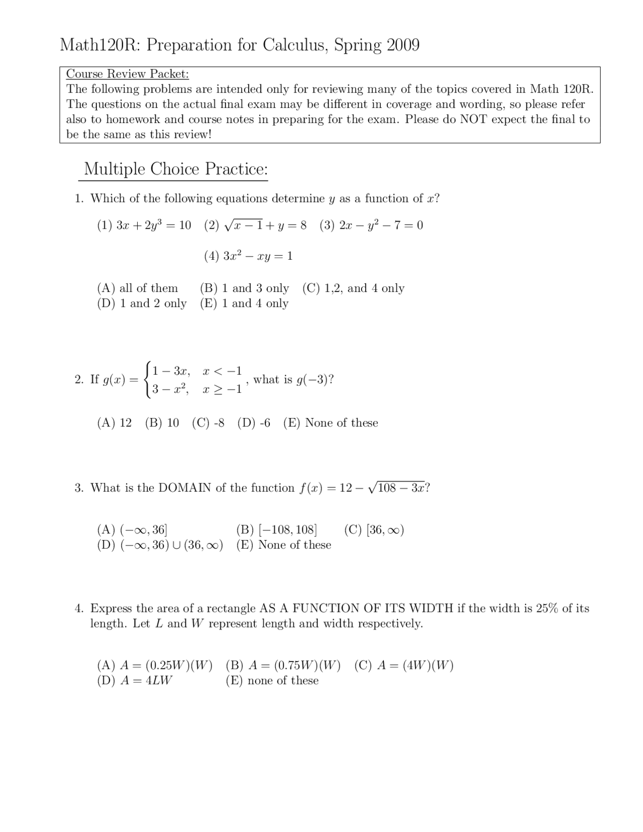 Multiple Choice Practice - Calculus Preparation | MATH 120R - Docsity