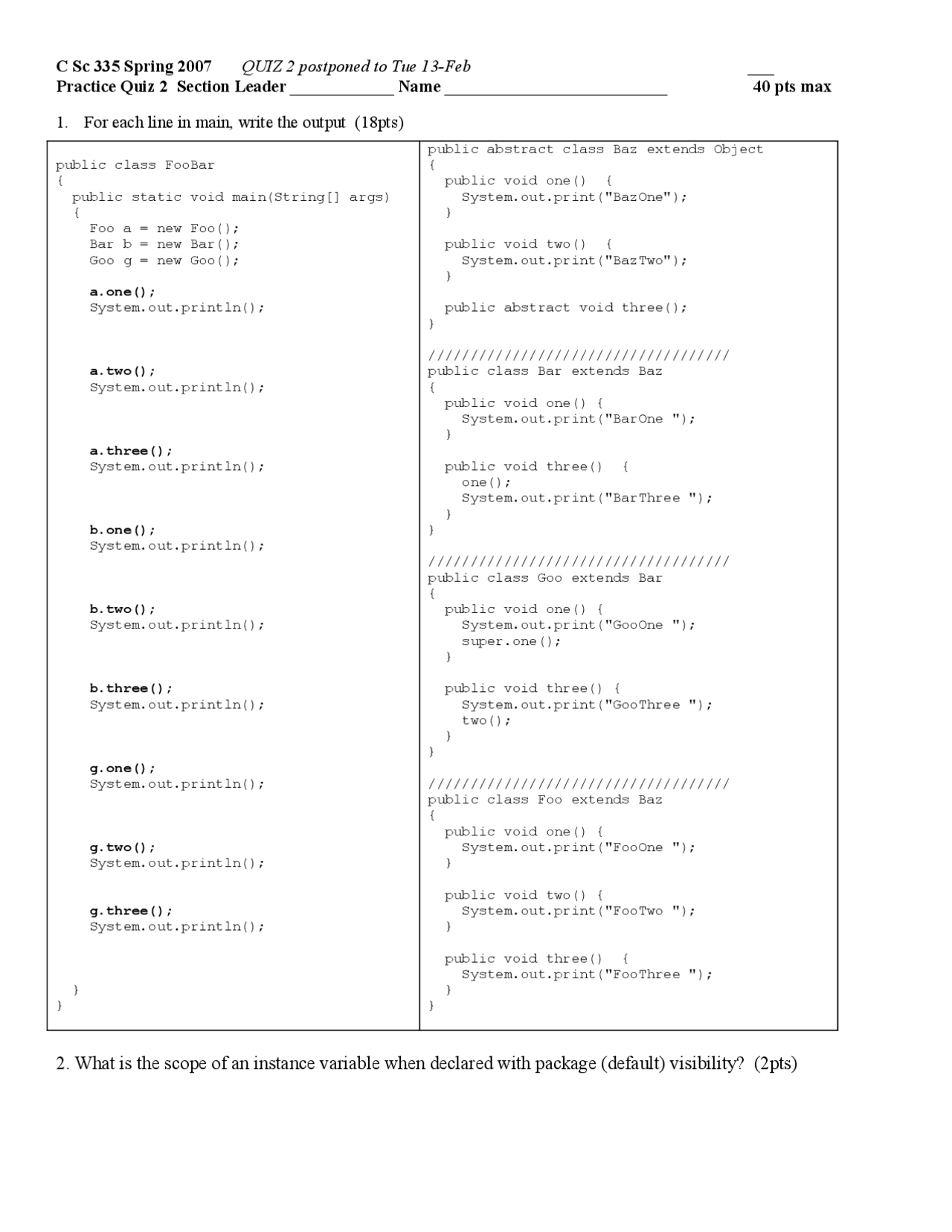 Practice Quiz 2 Object Oriented Programming And Design Spring 2007