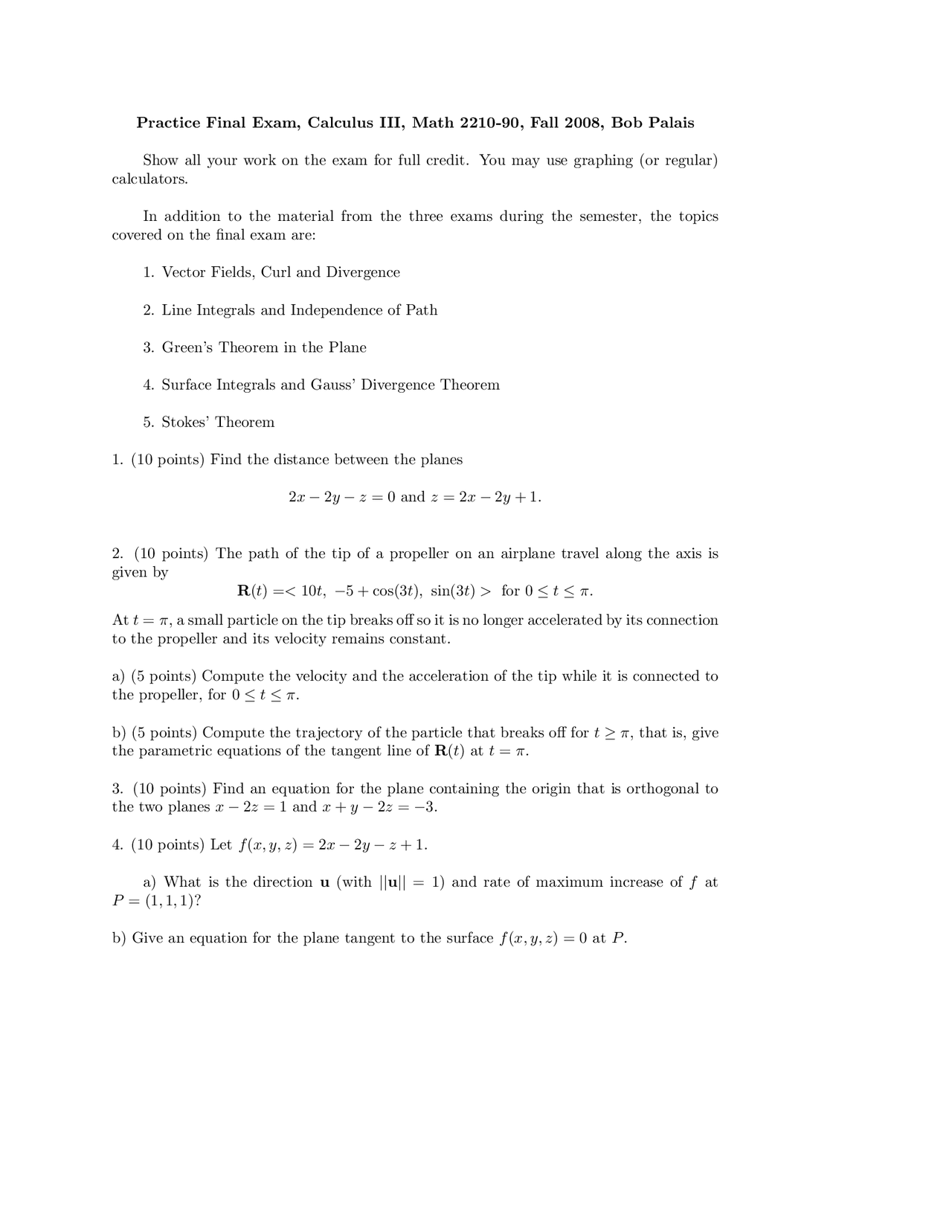 Practice Final Exam Calculus Iii Fall 2008 Math 2210 Docsity