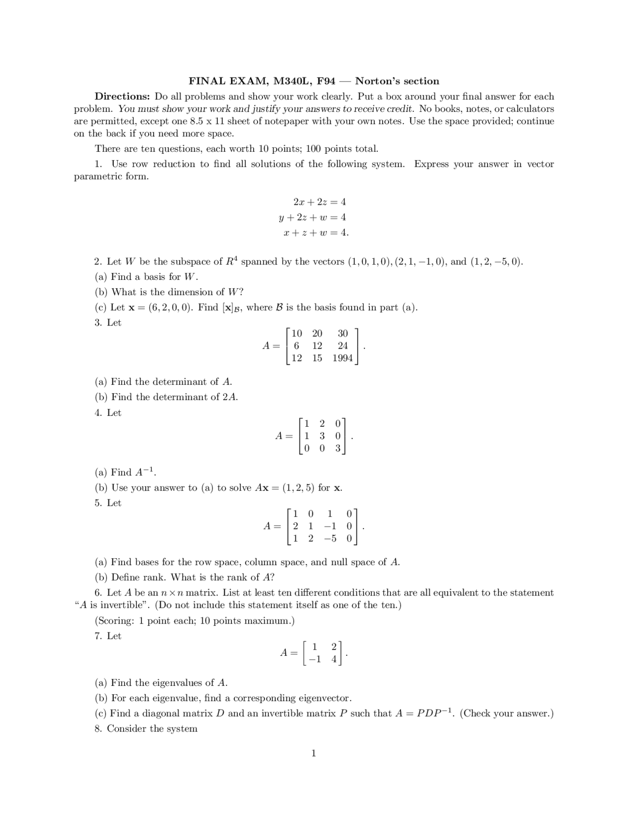 Final Exam Problems Matrices And Matrix Calculus M 340l Docsity