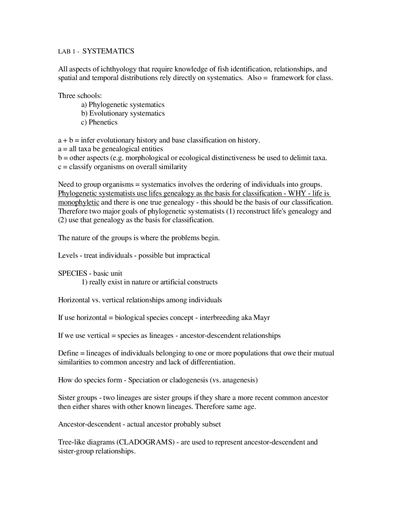 Lab 1 Systematics Ichthyology Ecol 482 Docsity