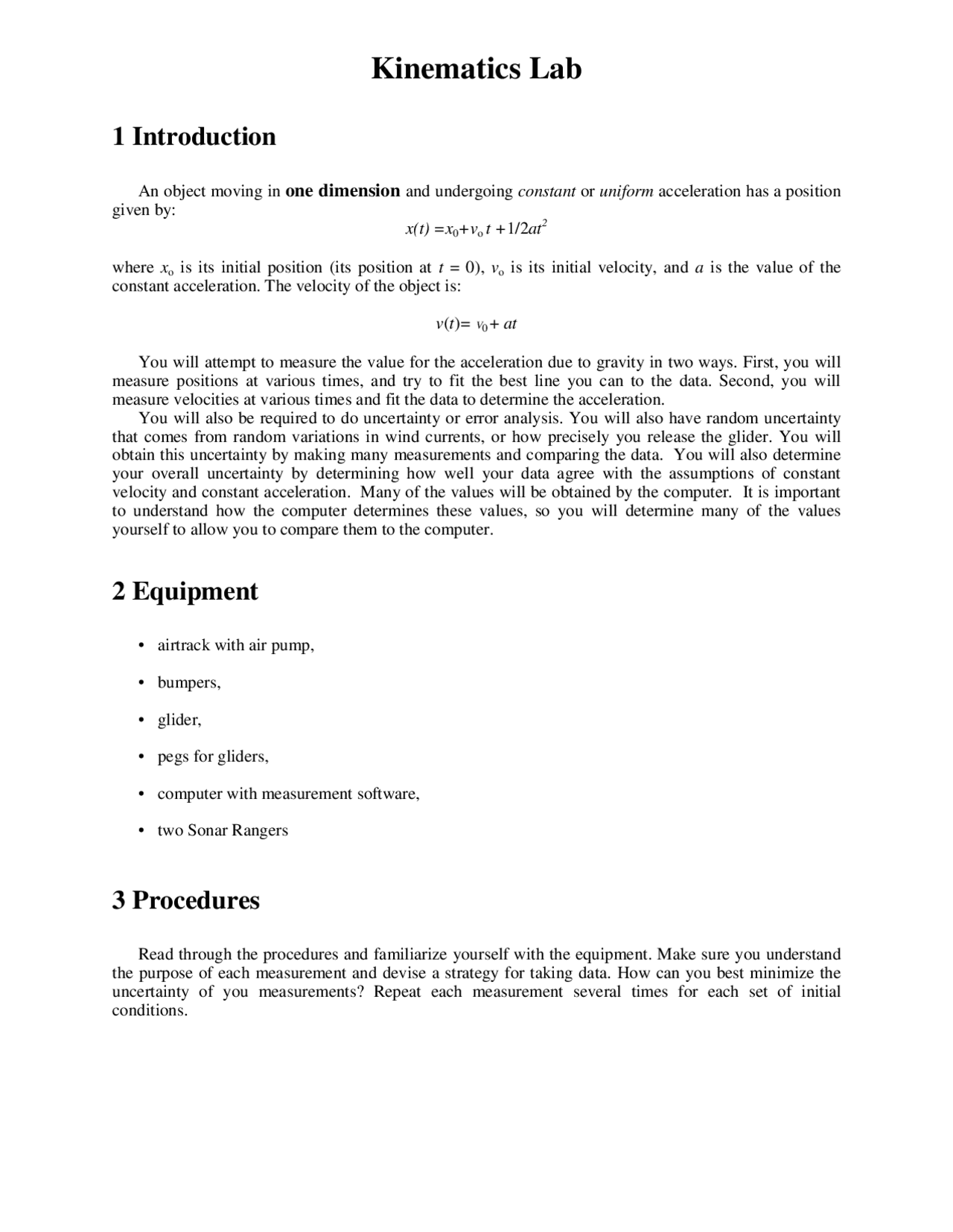 Kinematics Lab Introductory Physics I For Majors Honors Phys 1205