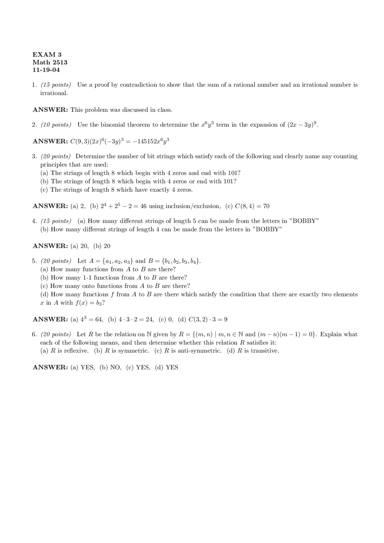 Exam 3 With Answers Discrete Mathematical Structures Math 2513