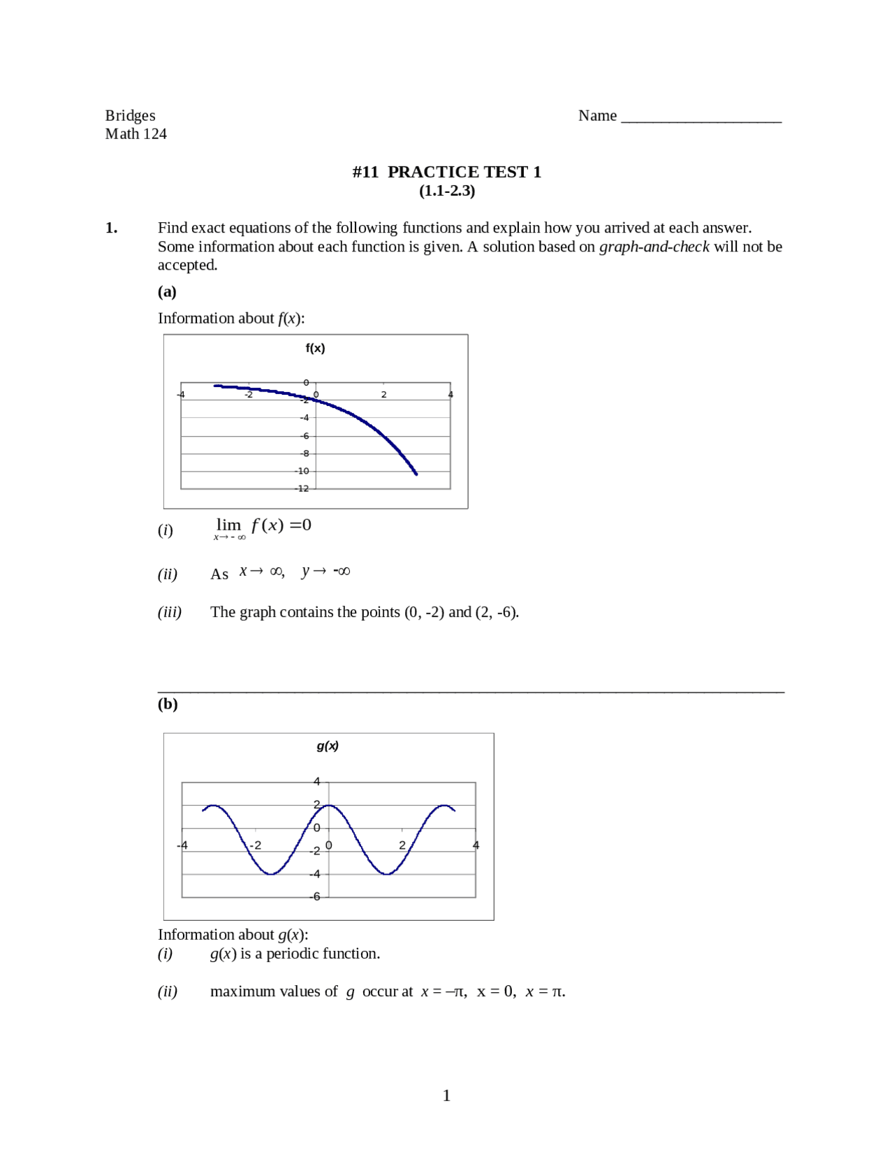 Calculus I with Applications - Practice Test 1 | MATH 124 - Docsity