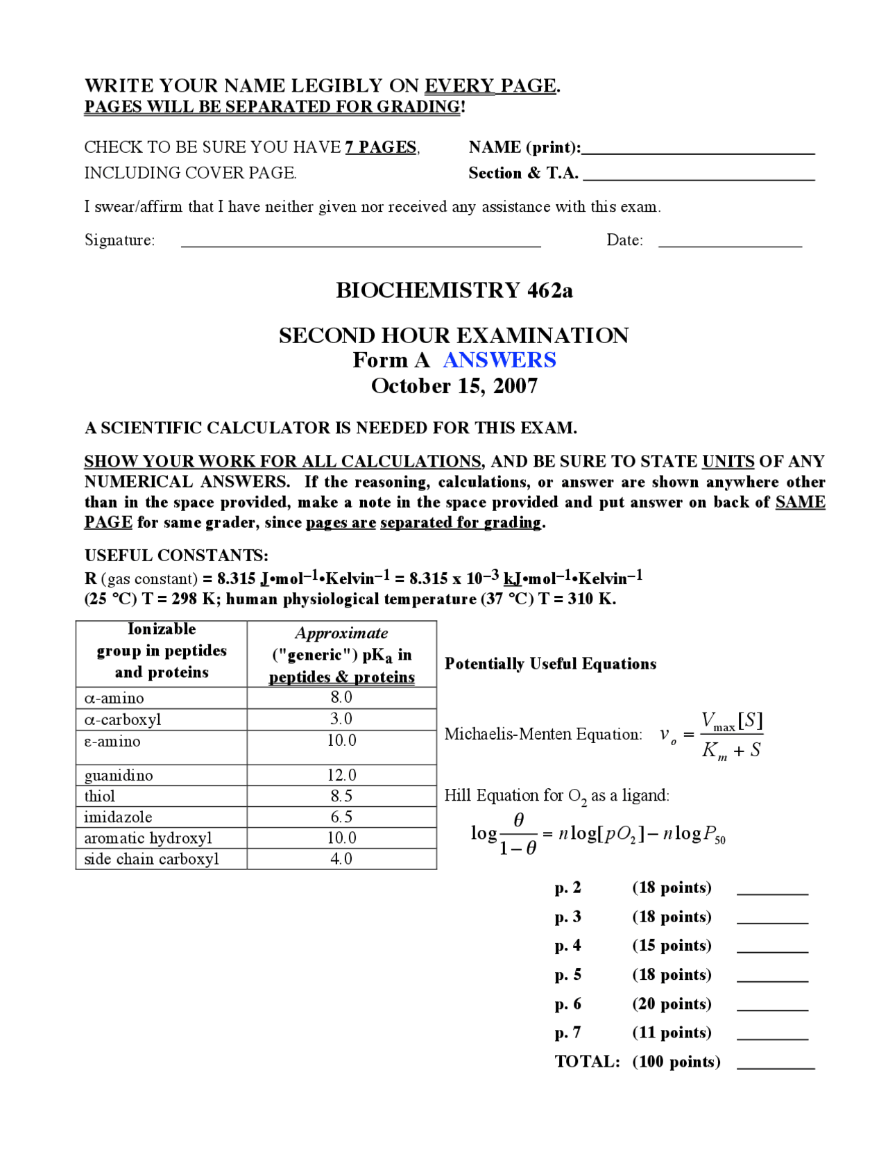 Exam 2 Form A With Answer Key Biochemistry Bioc 462a Docsity