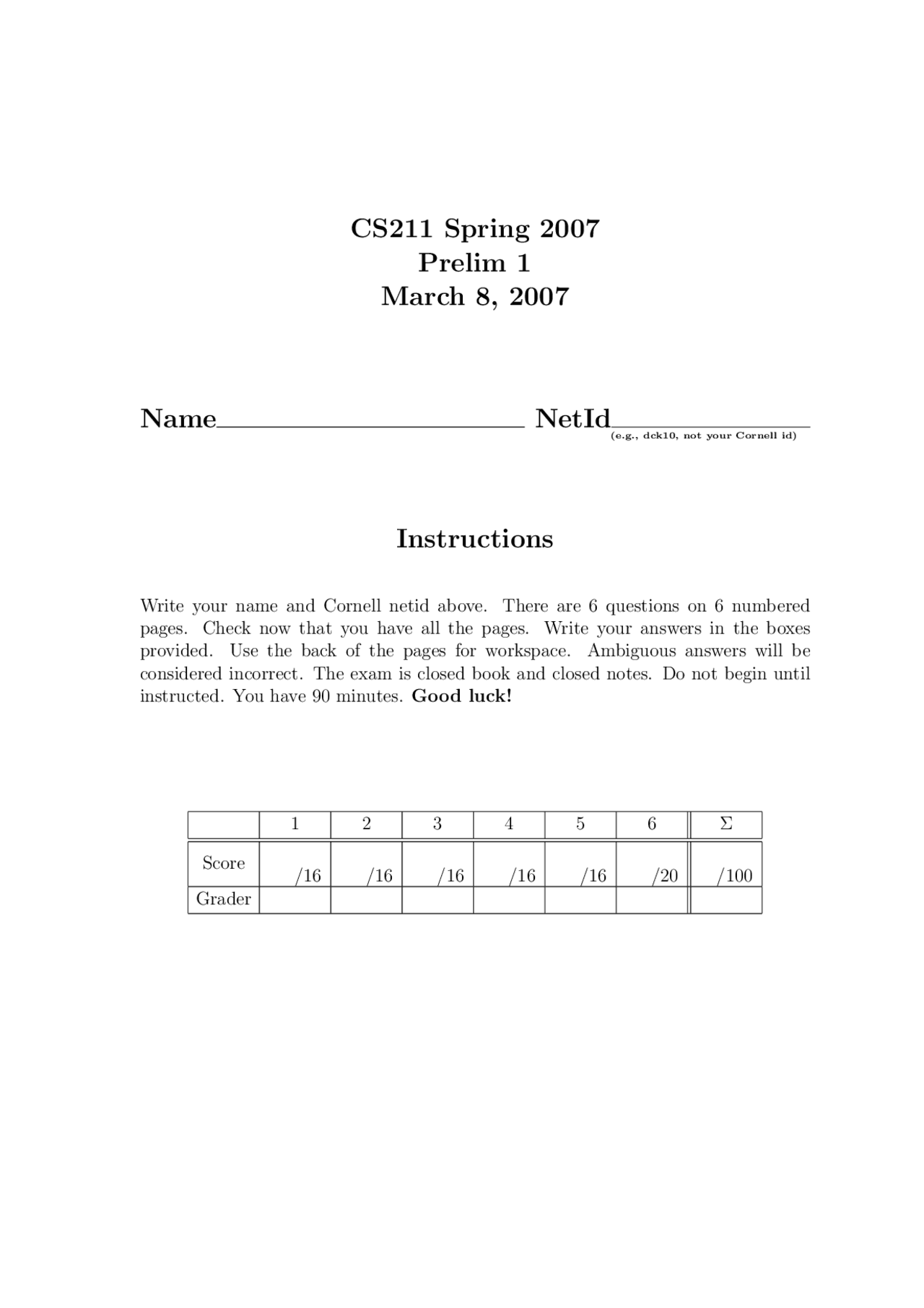 CS211 Spring 2007 Prelim 1 | Study notes Computer Science | Docsity